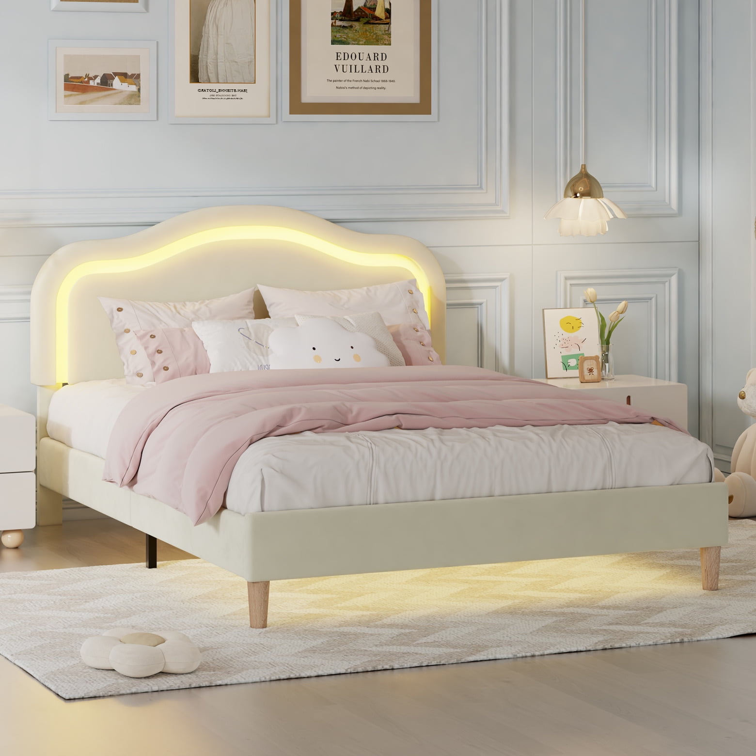 Full Size Smart LED Bed Frame with Adjustable Cloud Headboard, Velvet ...