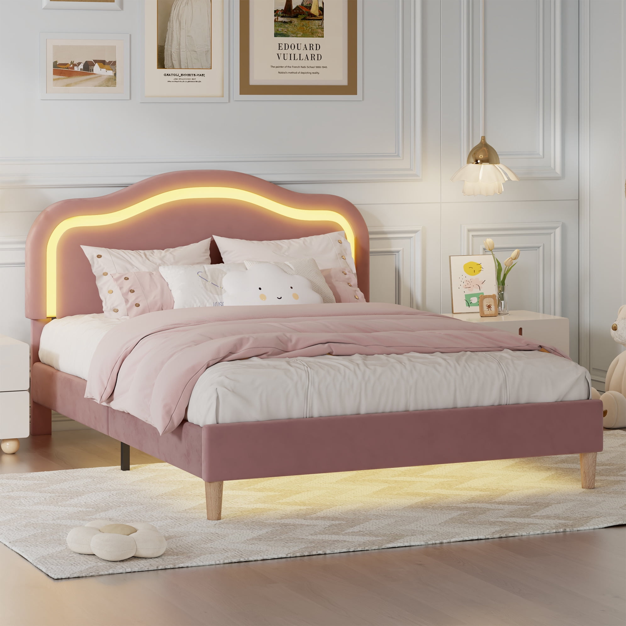 Full Size Smart LED Queen Bed Frame with Adjustable Cloud Headboard ...