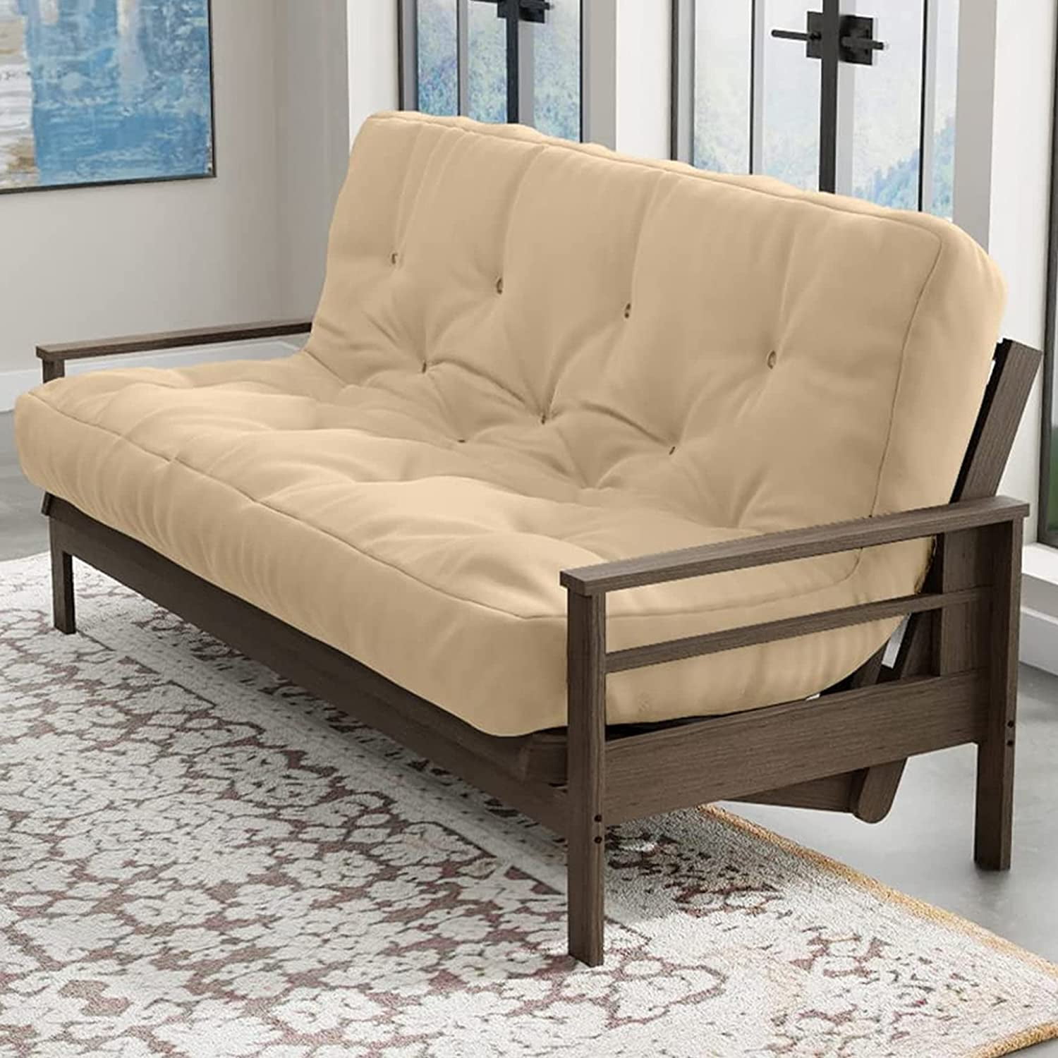 Full Size Sofa Bed Foam Canvas Futon Mattress - 10" Made, Beige, Frame ...