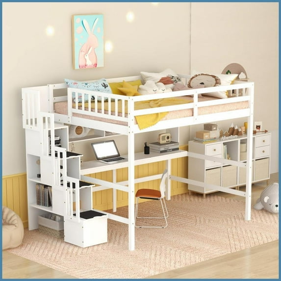 Full Size Solid Pine Loft Bed with Built-in Desk, Bookshelves & Storage ...