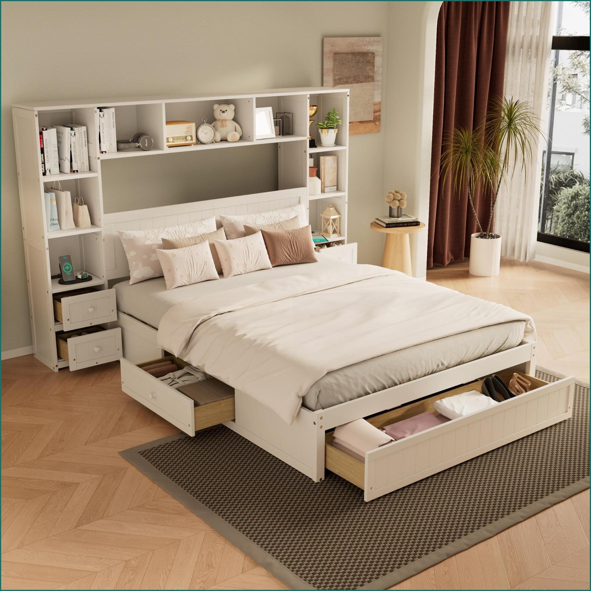 Full Size Solid Pine Wood Platform Storage Bed with 2 Charging Stations ...