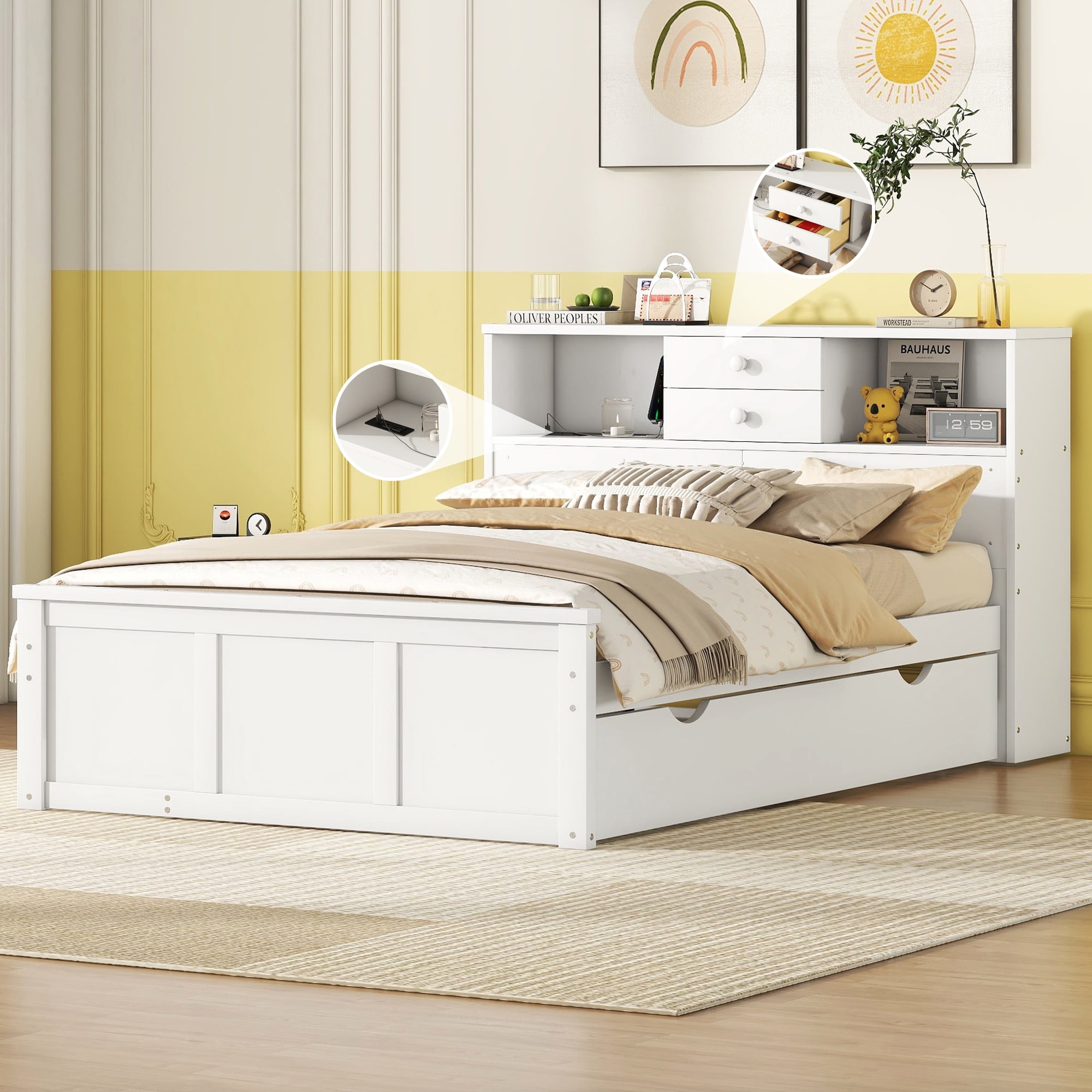Full Size Solid Wood Bed Frame with Twin Size Trundle, 3 Drawers, Upper ...