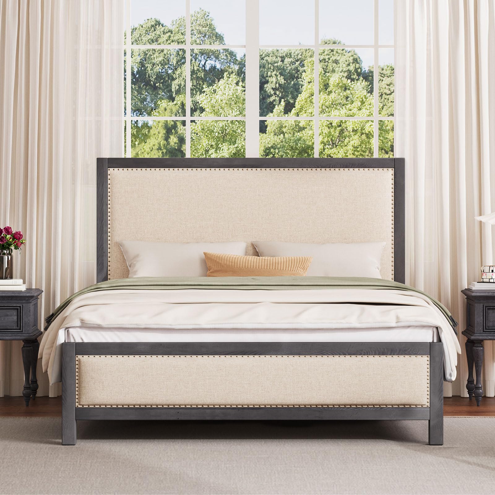 Full Size Solid Wood Bed Frame, Upholstered Platform Bed with Tall ...