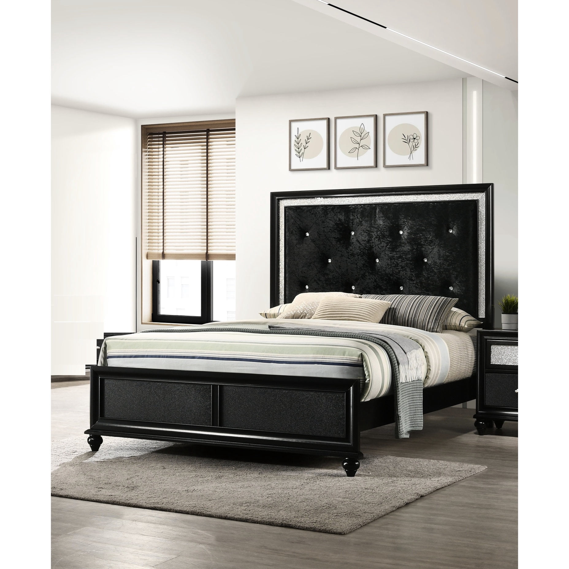 Full Size Solid Wood Bed With Black Finish, Diamond Tufting And Crystal ...