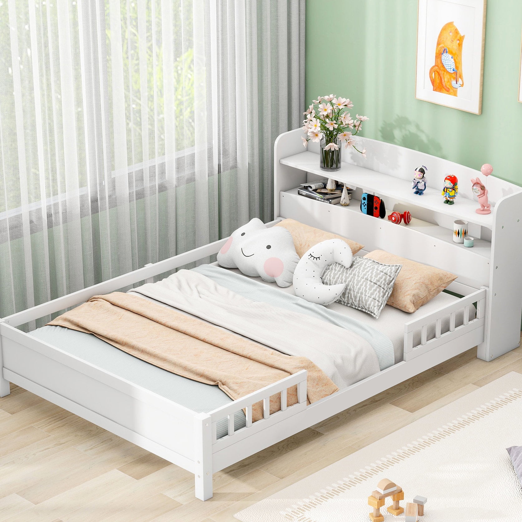 Full Size Solid Wood Bed with LED - Lit Storage / Provide Secure and ...