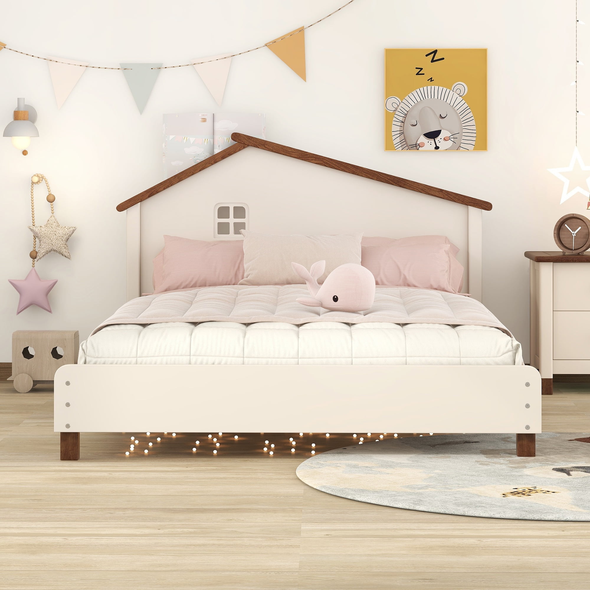 Full Size Solid Wood Cute Platform Bed with Wooden Slats, Platform Bed ...