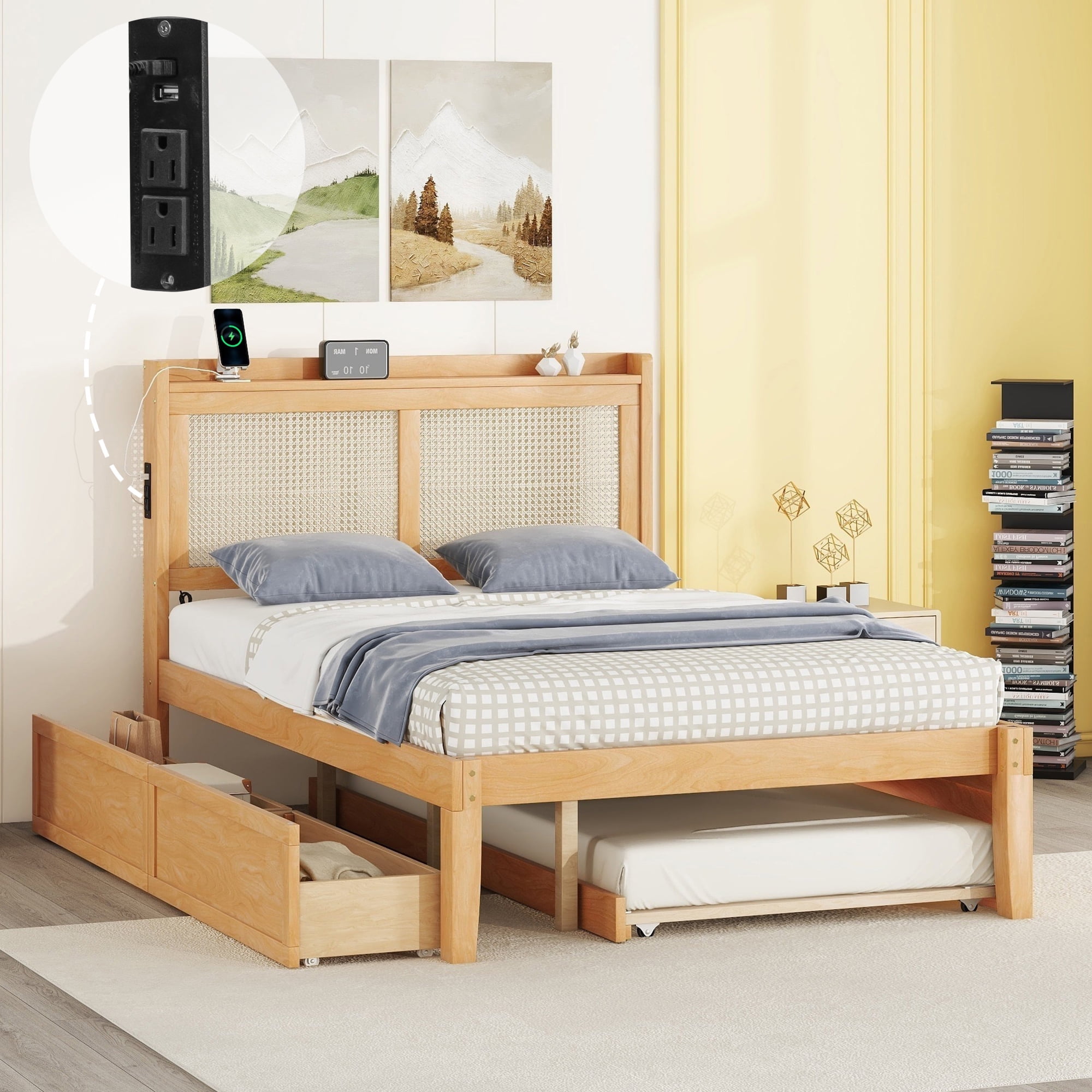 Full Size Solid and Stable Elegant Bed Frame with Rattan Headboard and ...