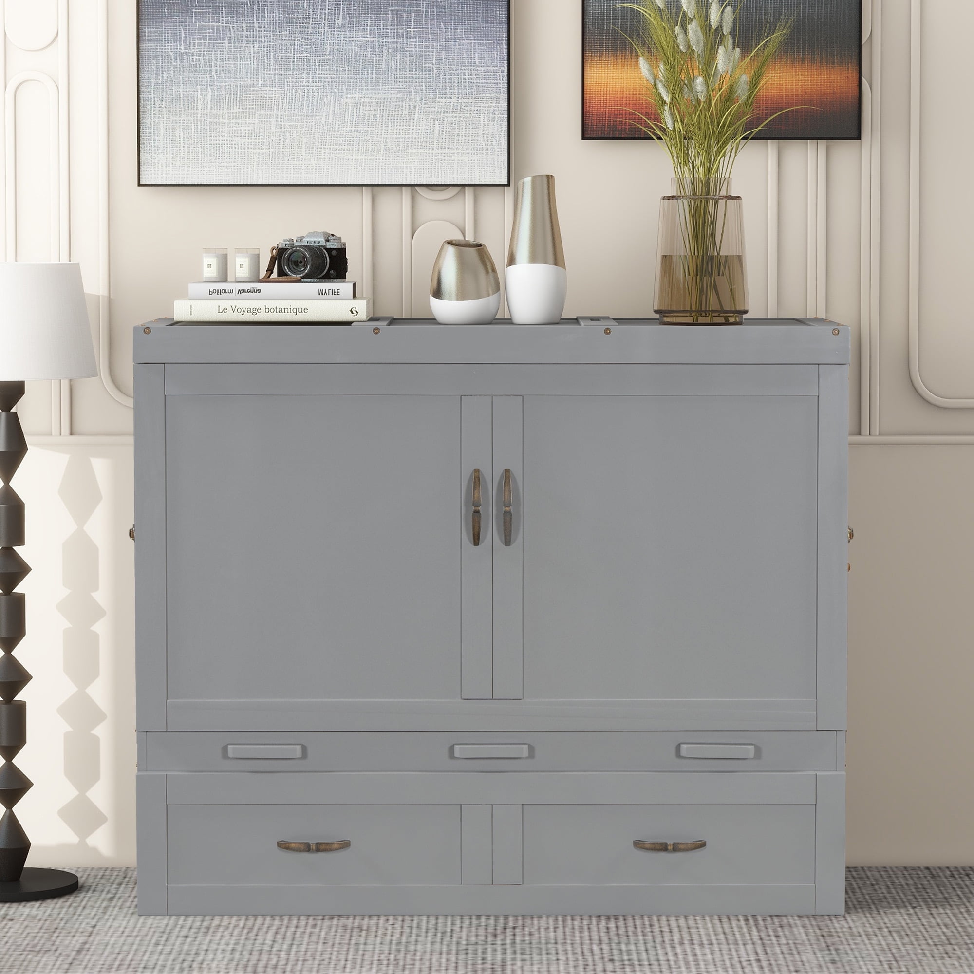 Full Size Solid and Stable Murphy Bed with USB Ports, Large Drawers and ...