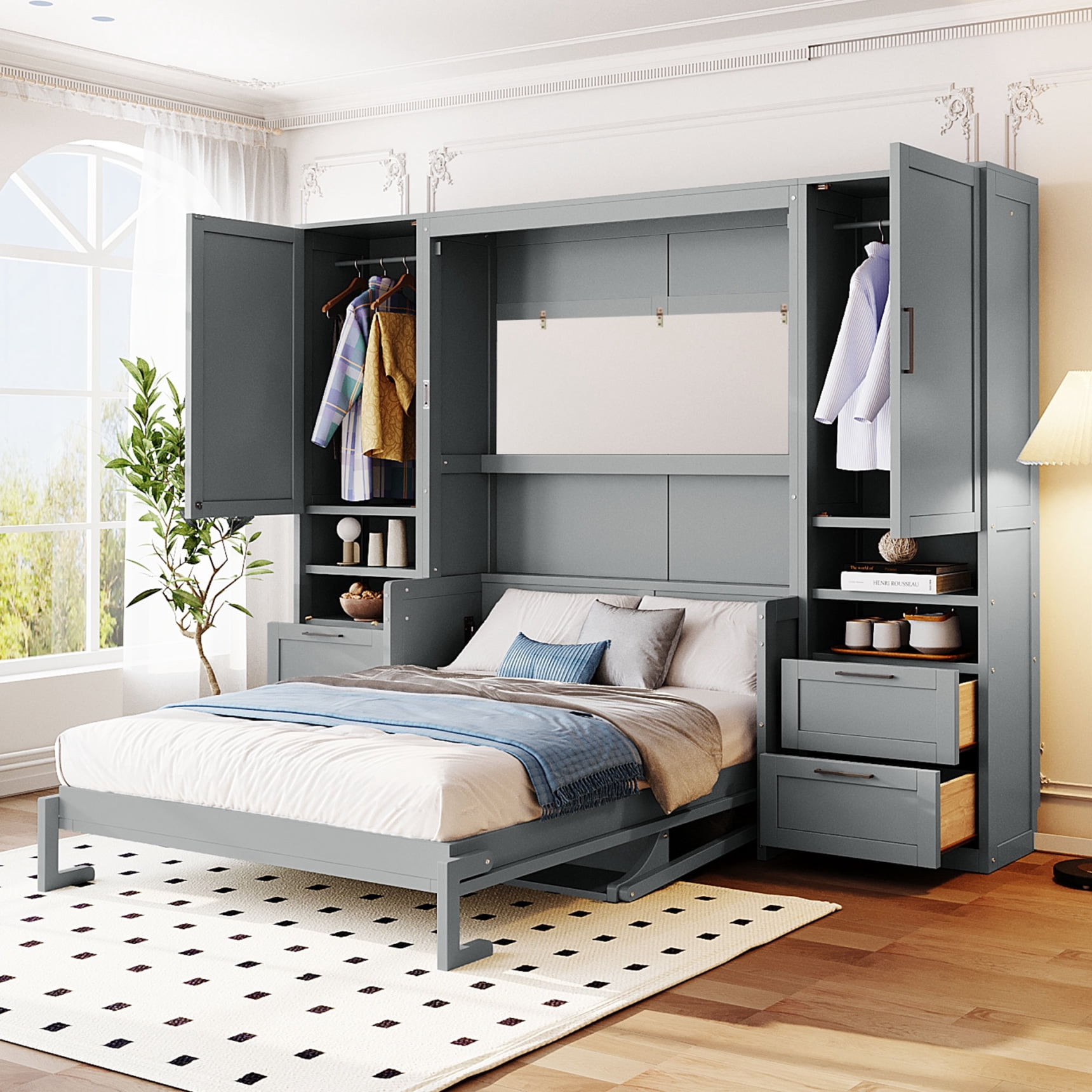 Full Size Space-Saving Murphy Bed with 2 Closets & 4 Drawers, Hidden ...