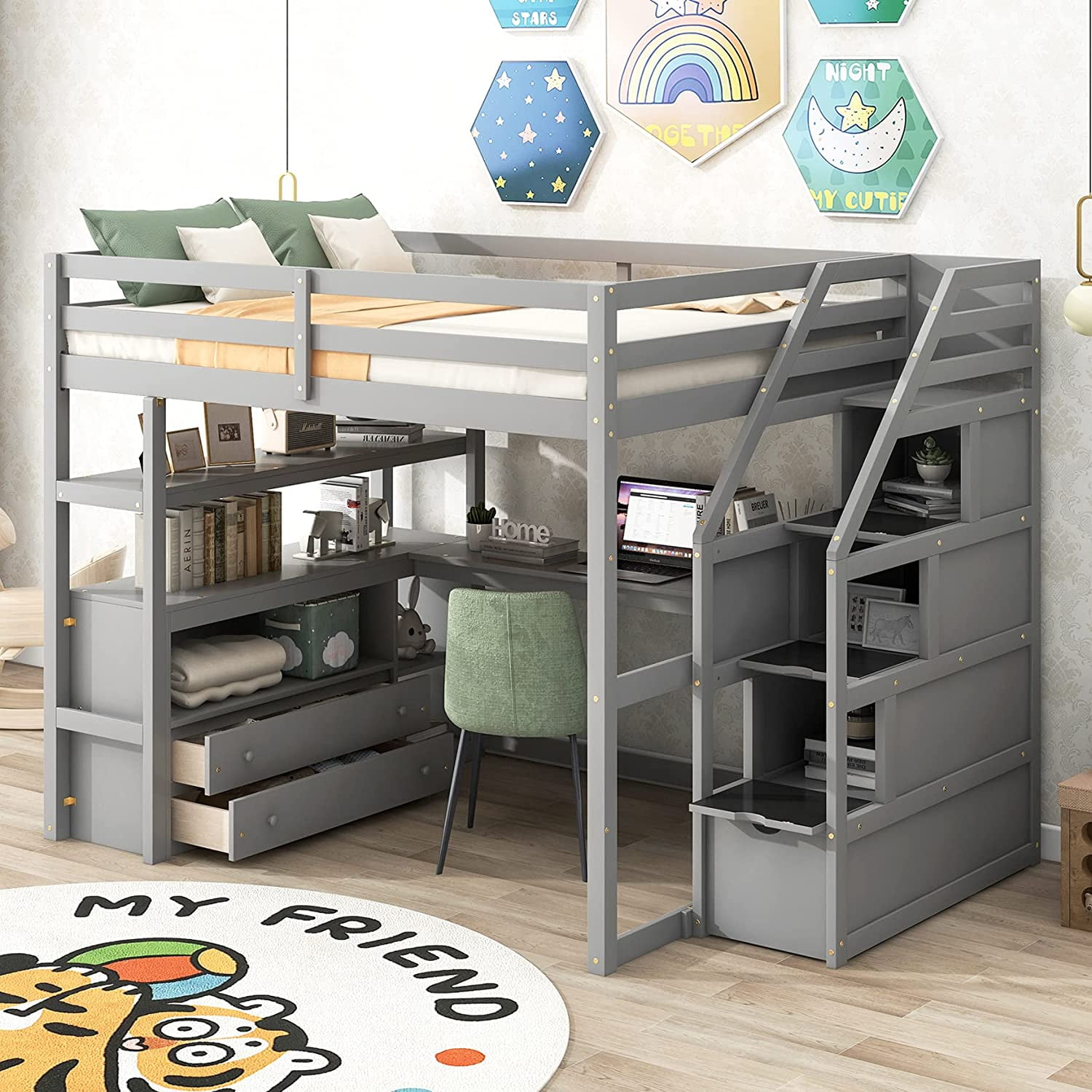 Full Size Stairway Loft Bed High Study Loft Bed w/Desk,Drawers &Shelves ...