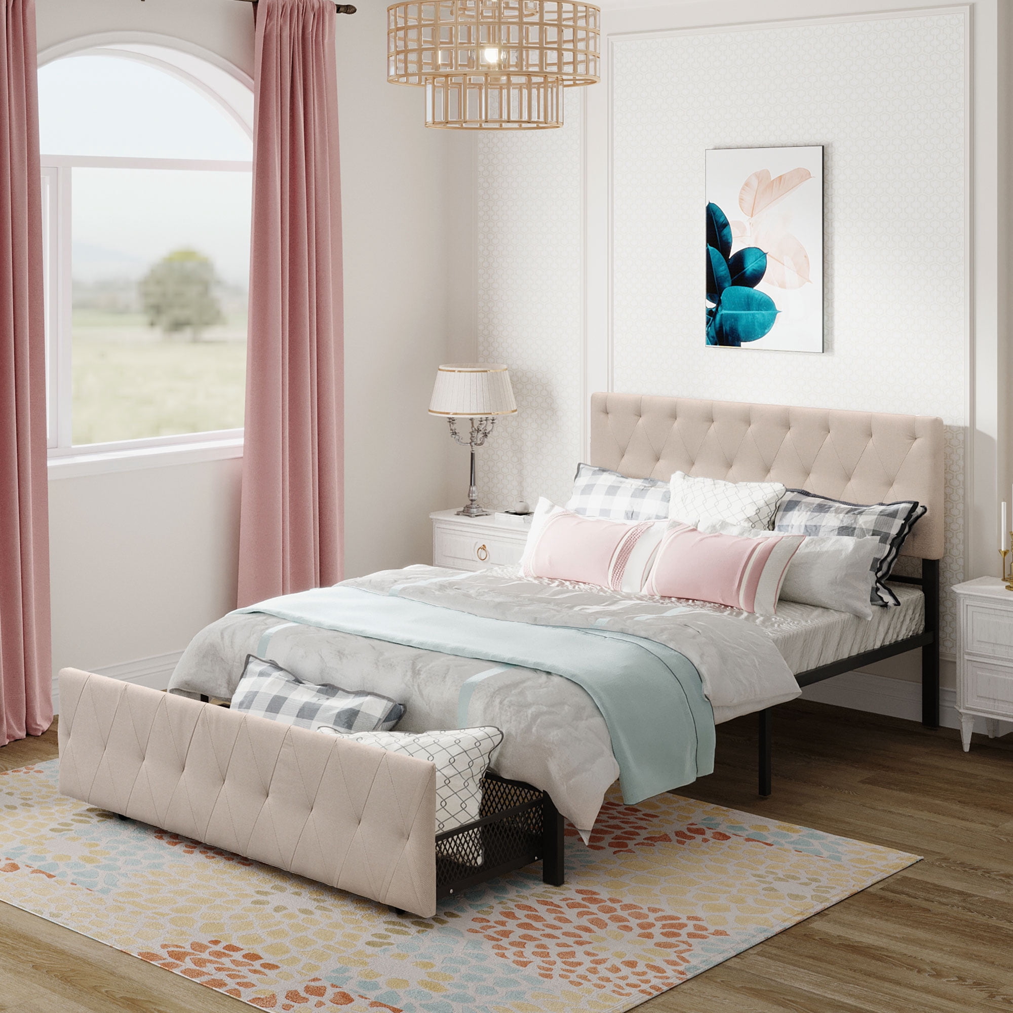 Full Size Storage Bed, Metal Platform Bed with a Big Drawer, Beige ...