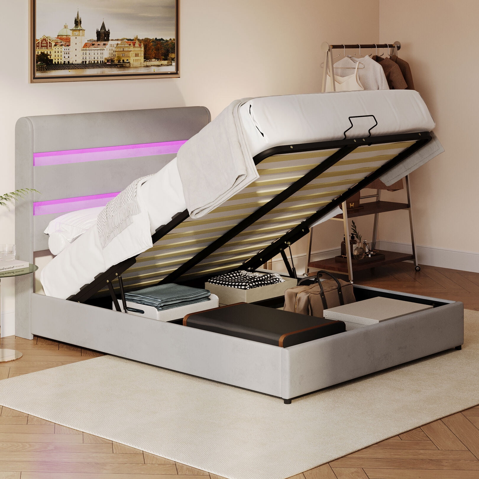 Full Size Storage Bed, Upholstered Platform Storage Bed with RGB LED ...