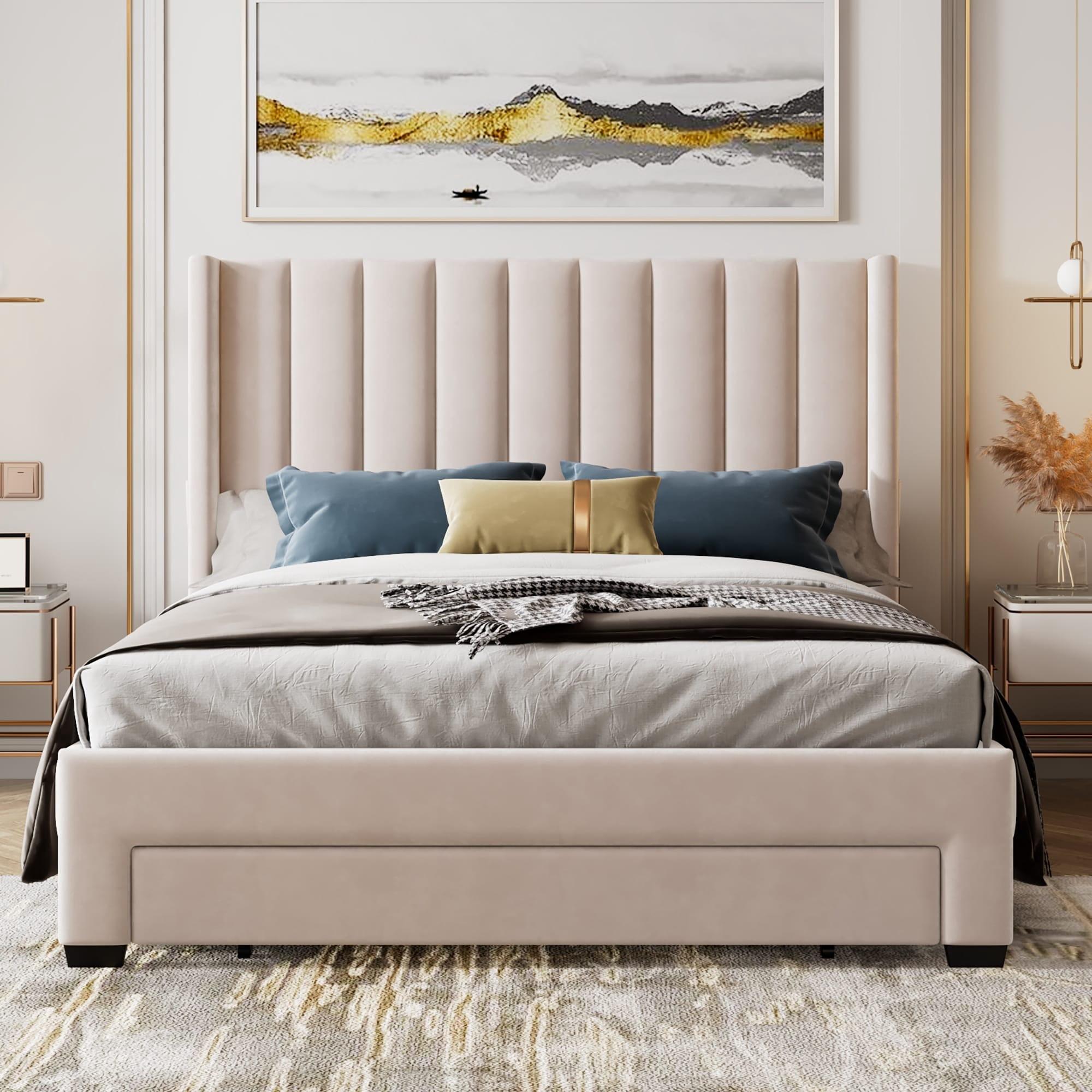 Full Size Storage Bed Velvet Upholstered Platform Bed with a Big Drawer ...