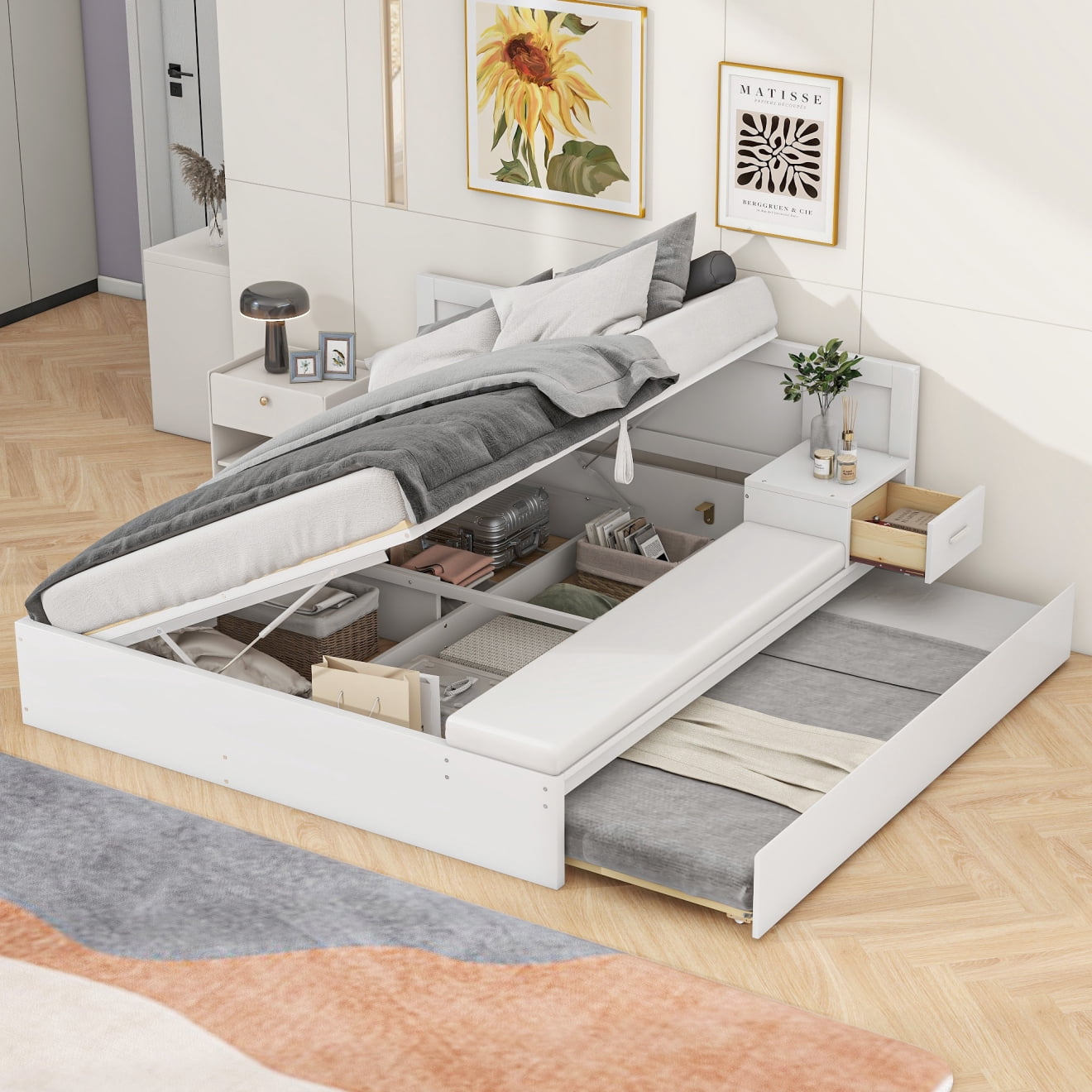 Full Size Storage Hydraulic Platform Bed with Trundle, Side Table and ...