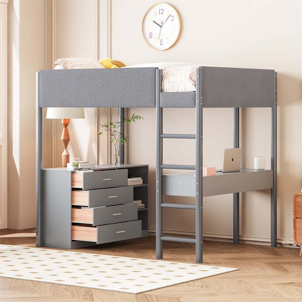 Full Size Teddy Loft Bed with Convertible Desk and Drawers, Multiple ...