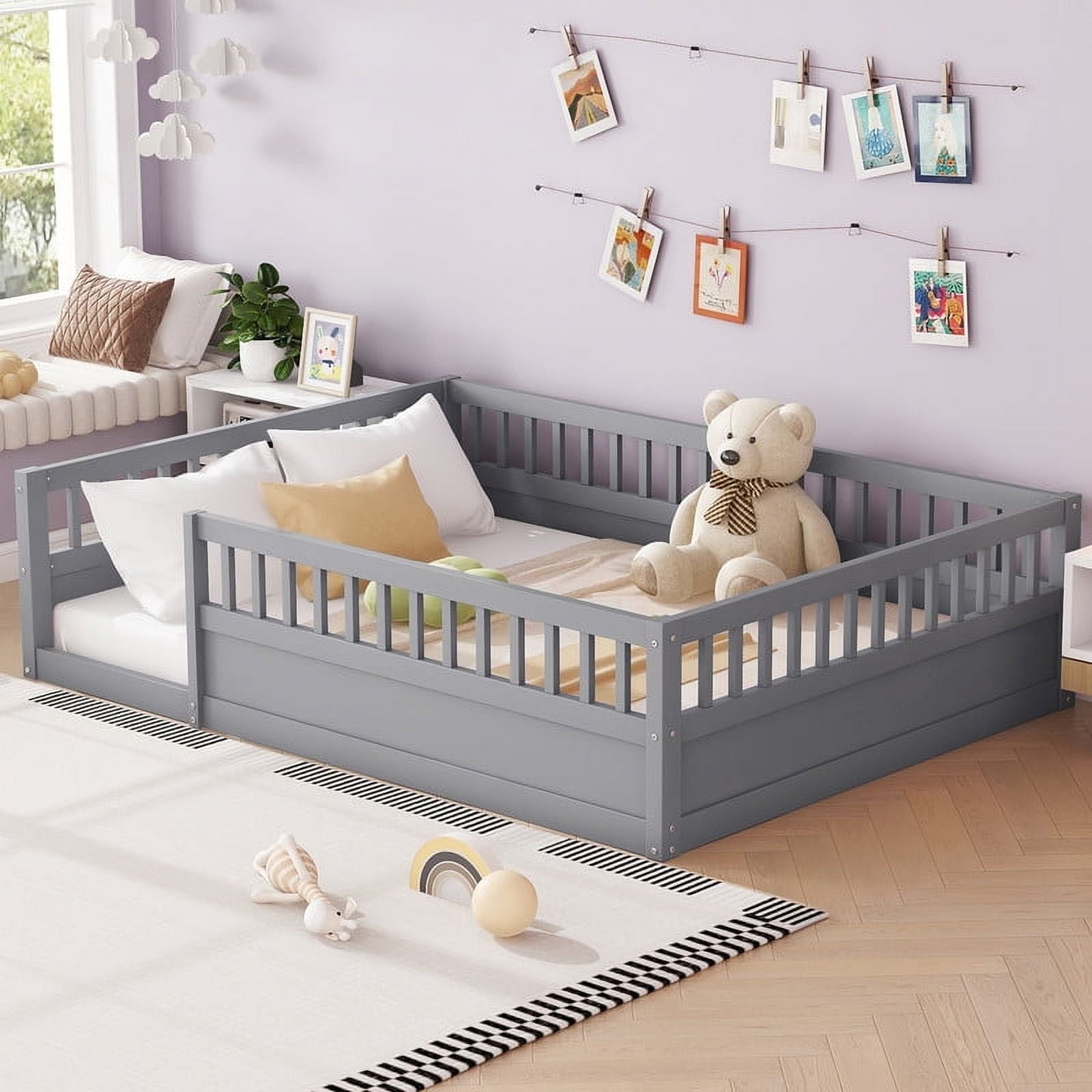 Full Size Toddler Floor Bed Frame, Montessori Floor Bed with Guardrails ...