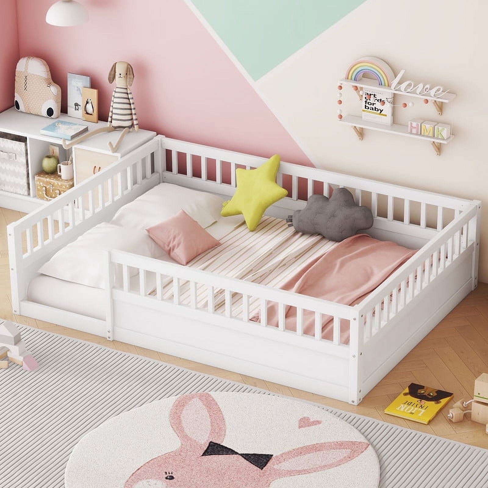 Full Size Toddler Floor Bed Frame, Montessori Floor Bed with Guardrails ...
