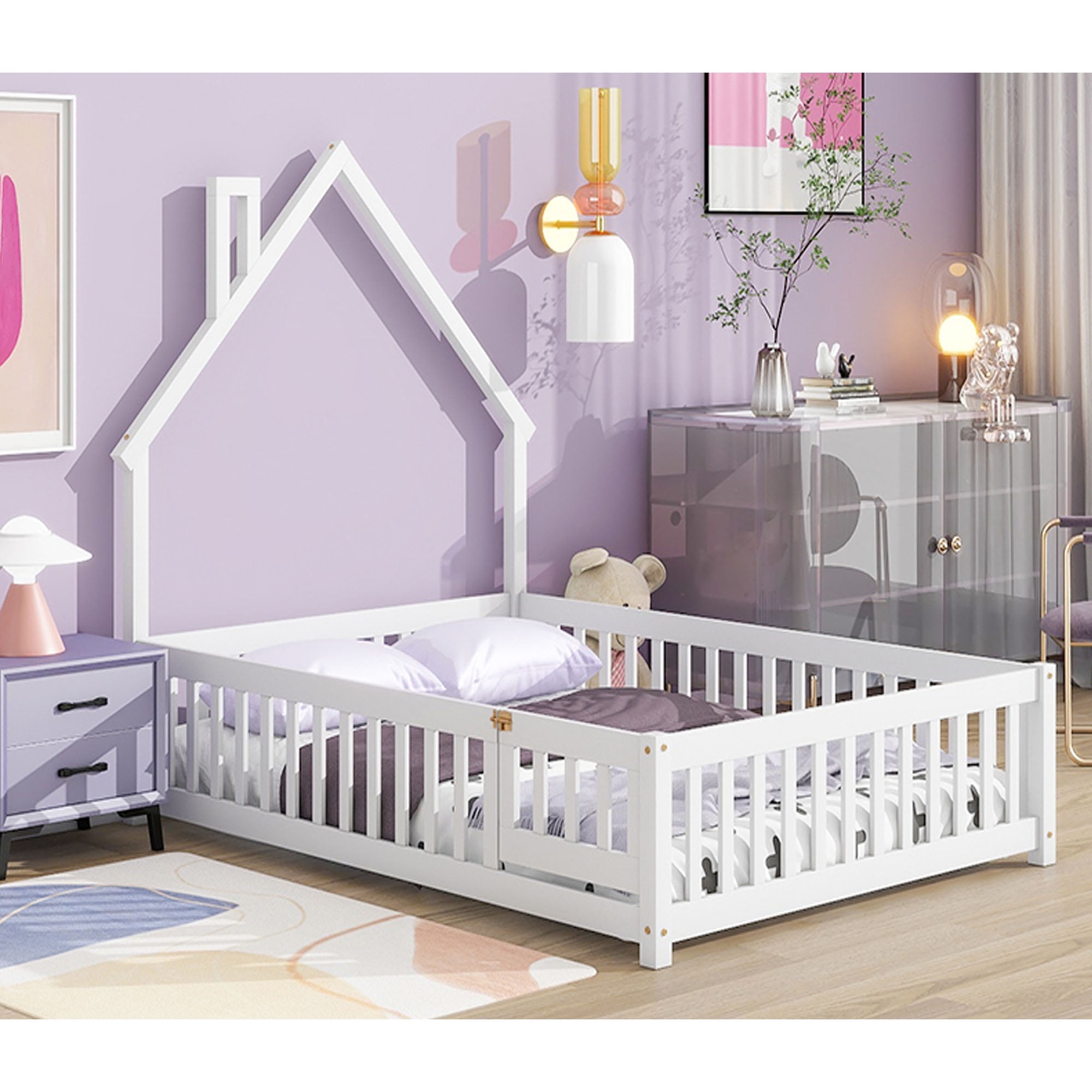 Full Size Toddler Floor Bed Frame with Safety Guardrails and Door and ...