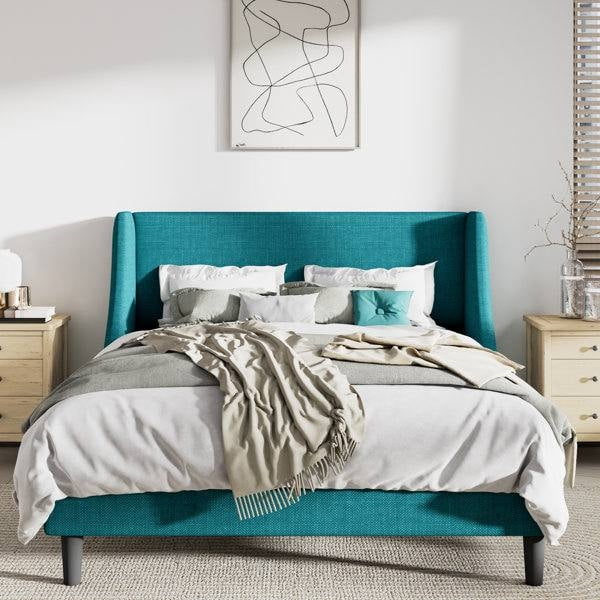 Full Size Turquoise Linen Blend Upholstered Platform Bed with Wingback ...