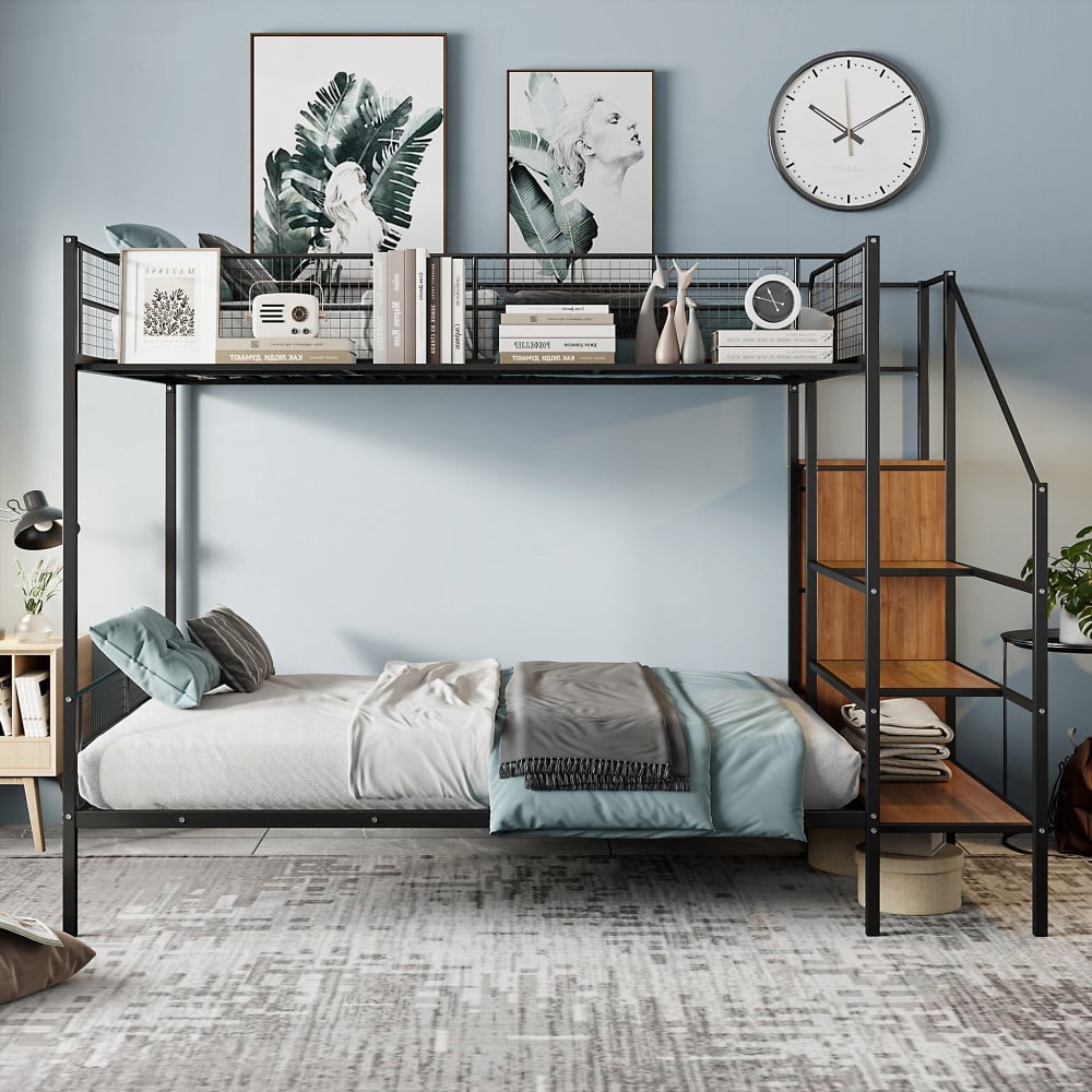 Full-Size & Twin Metal Bunk Bed: Step Ladder & Shelving, Black for ...