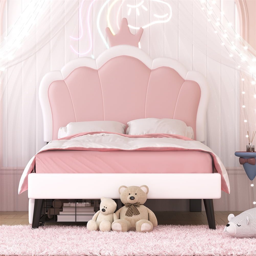 Full Size/Twin Size Crown-Shaped Princess Bed with 2 Underbed Storage ...