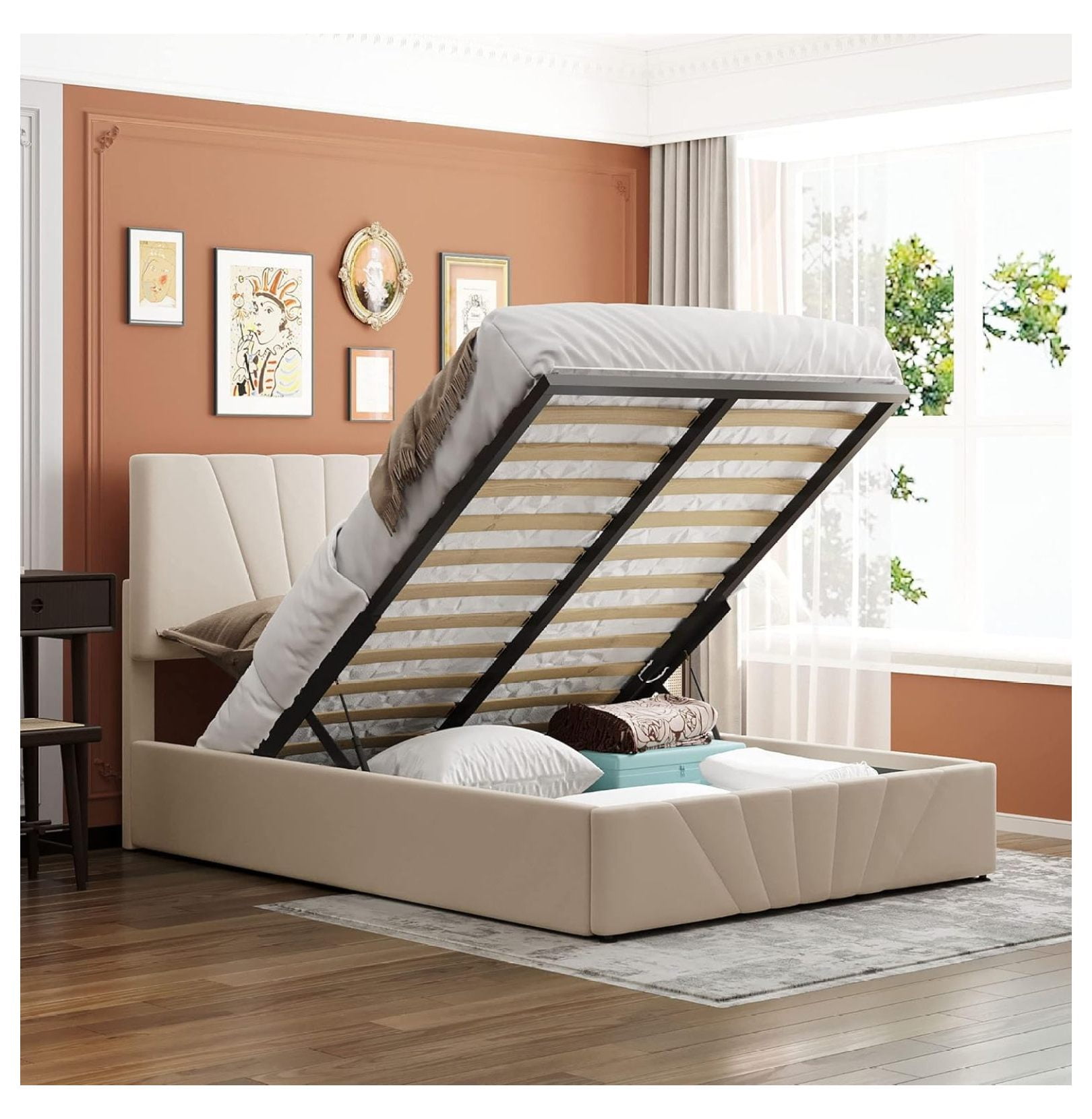 Full Size Upholstered Bed Frame with Lift-Up Storage and Tufted ...