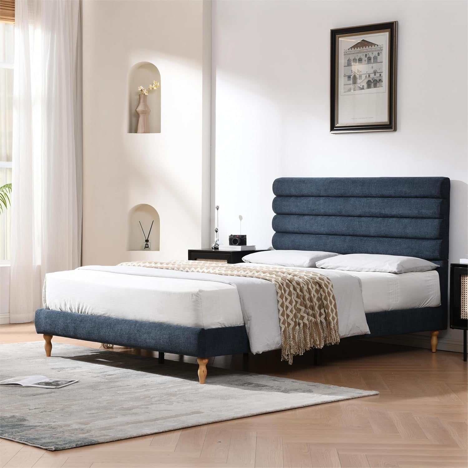 Full Size Upholstered Bed Frame with Roundwood Stacked Headboard, Solid ...