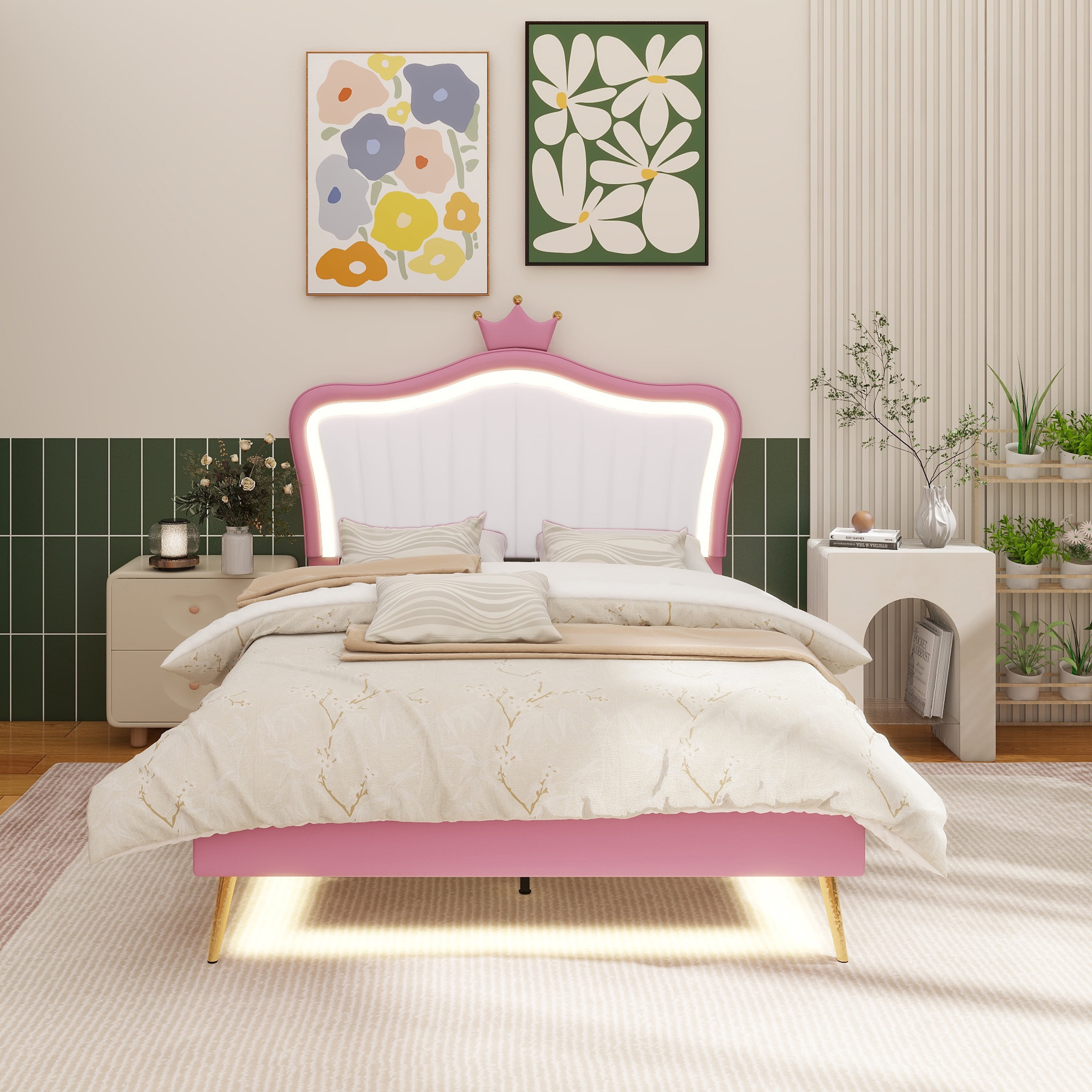 Full Size Upholstered Bed Frame with LED Lights,Modern Upholstered ...