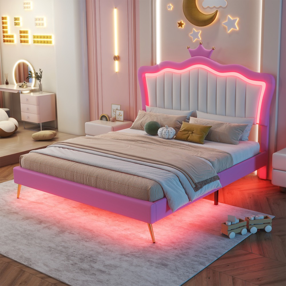 Full Size Upholstered Bed Frame with LED Lights, Modern Upholstered ...