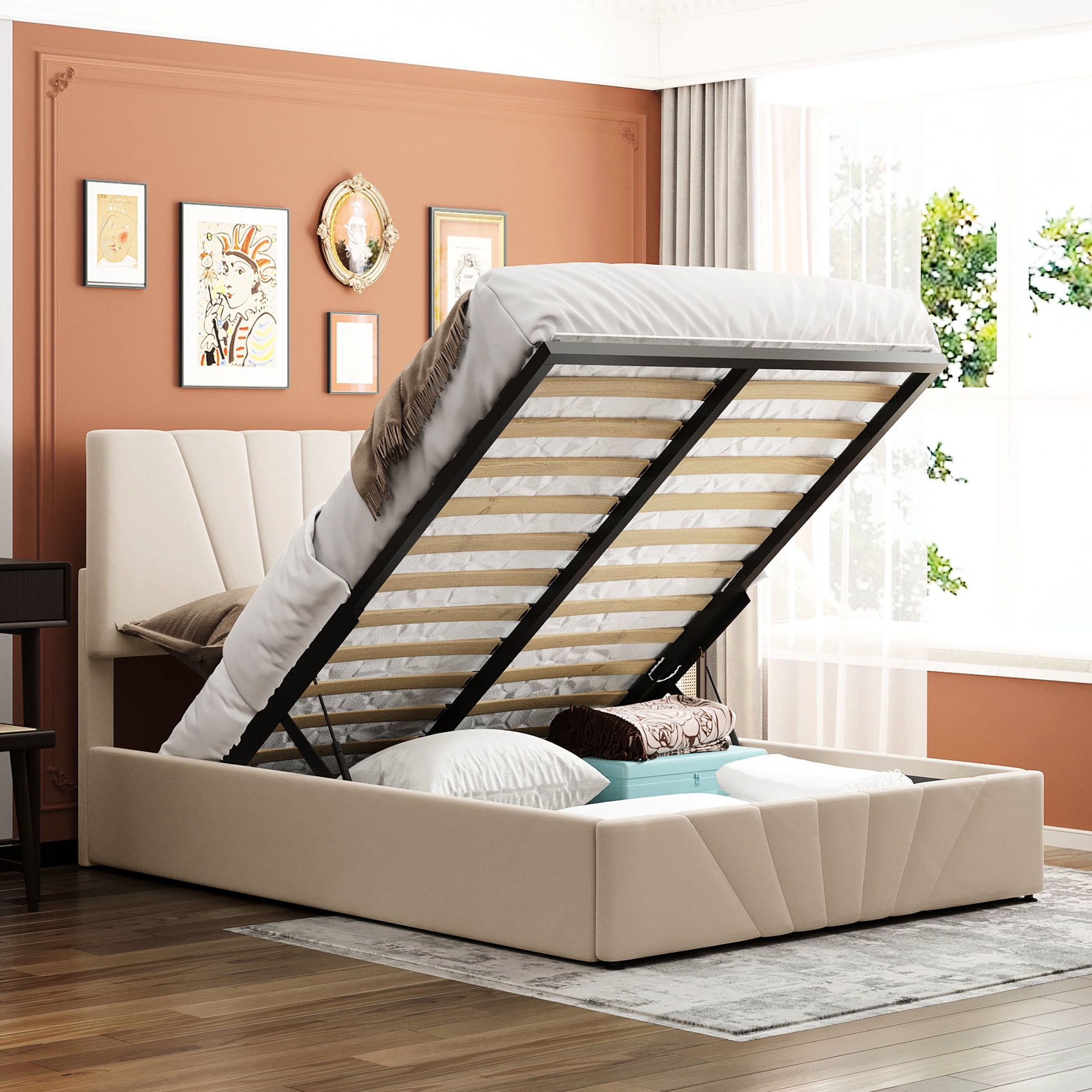 Full Size Upholstered Bed With Hydraulic Storage - Beige. Solid Pine ...