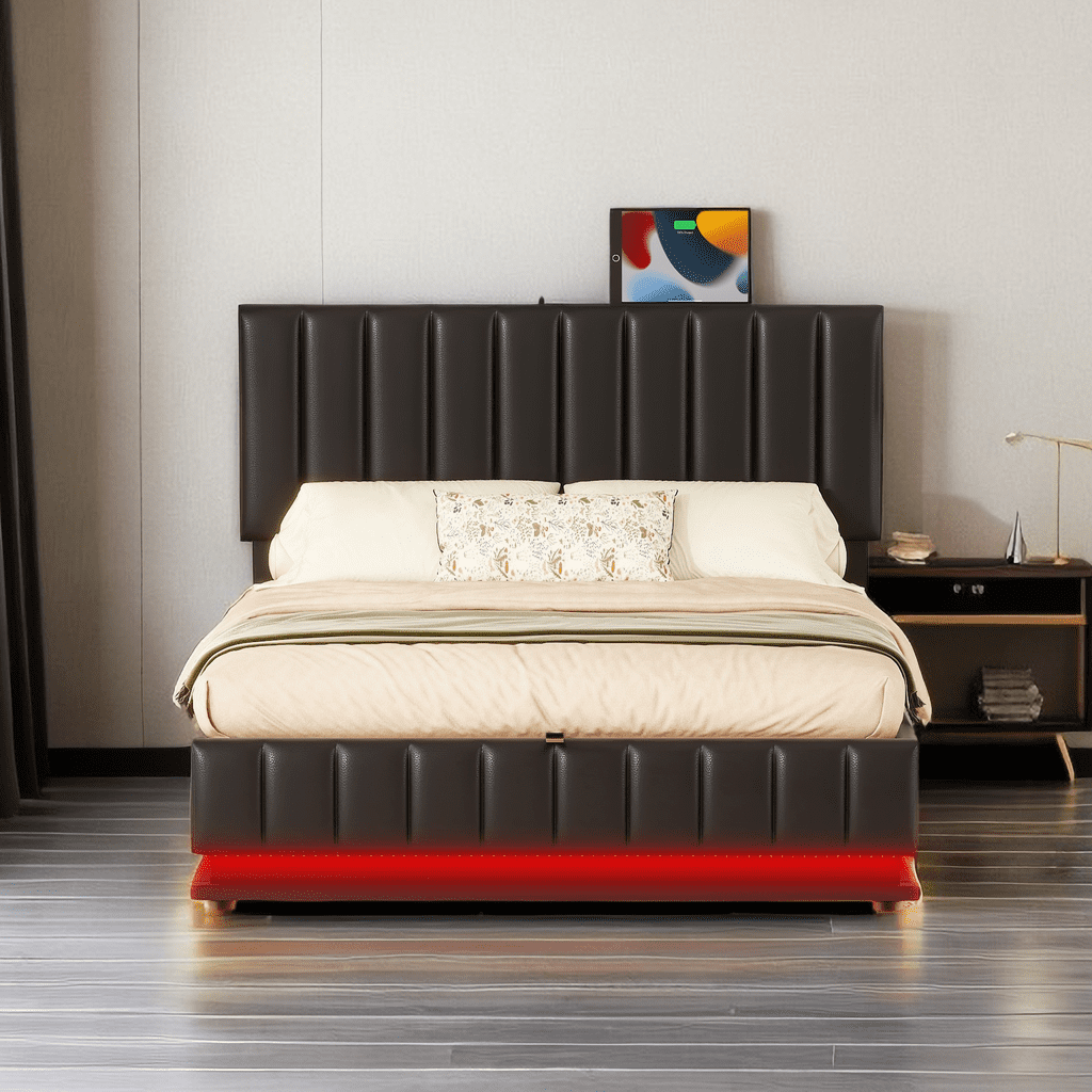 Full Size Upholstered Bed with Hydraulic Storage System and LED Light ...