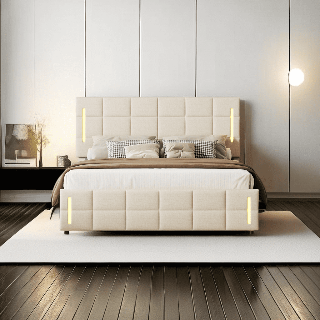 Full Size Upholstered Bed with Hydraulic Storage System and LED Light ...