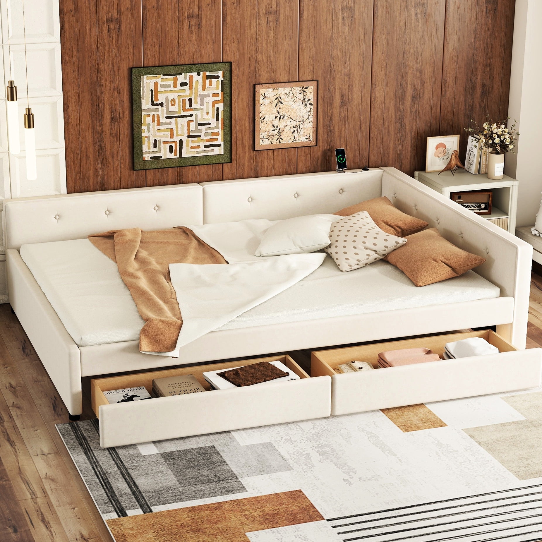 Full Size Upholstered Bed In Beige With & Drawer Storage - , No Box ...