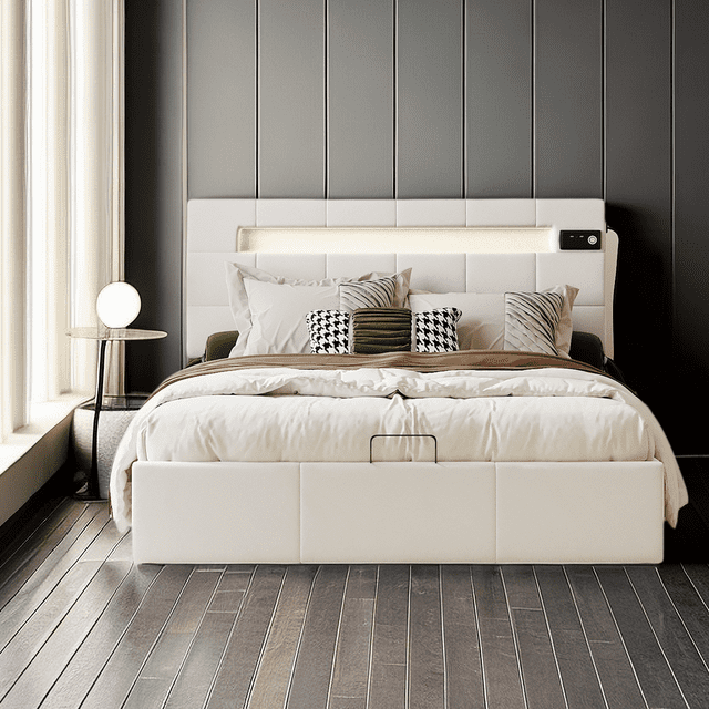 Full Size Upholstered Bed with LED Light and Integrated Bluetooth Audio ...