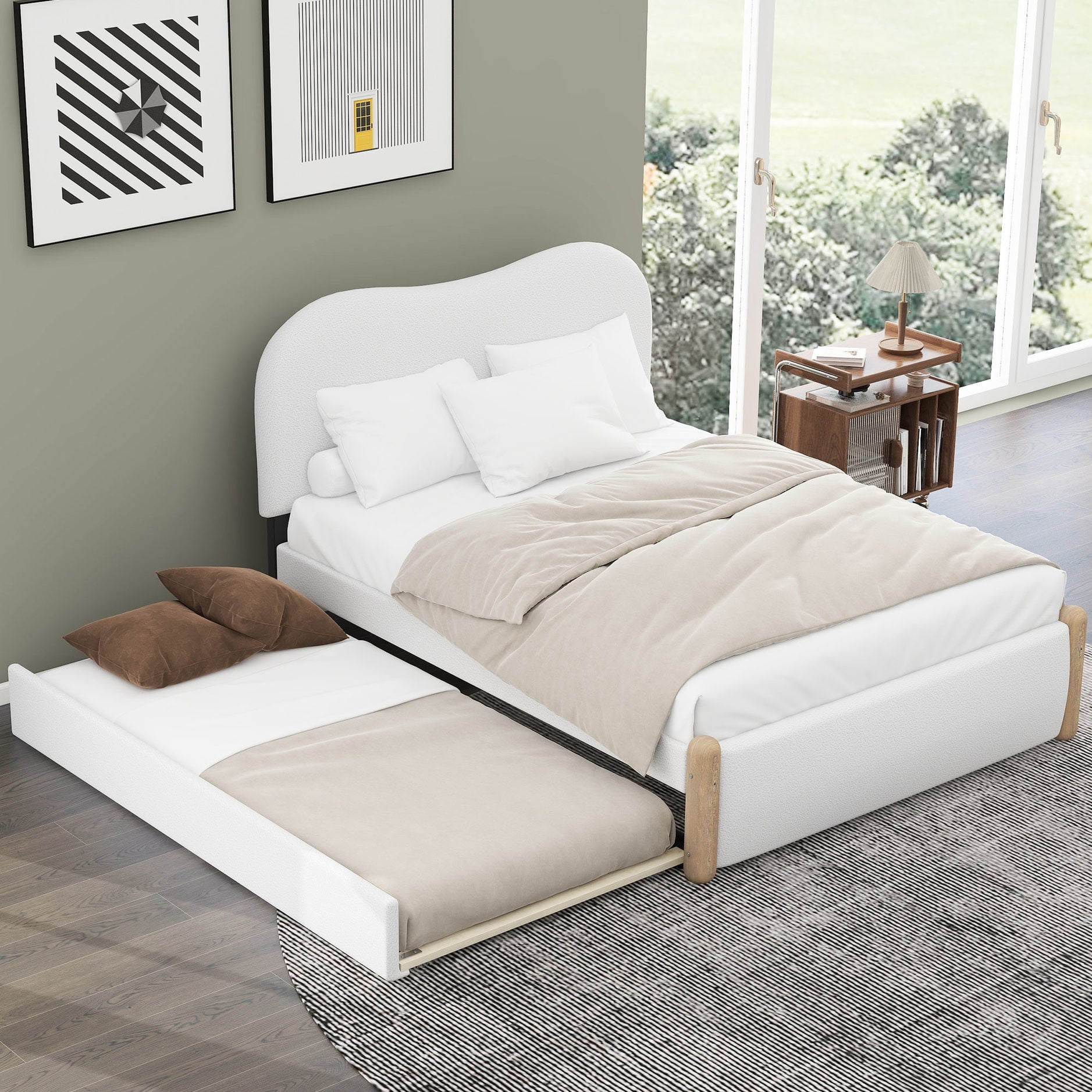 Full Size Upholstered Bed With Trundle, White - Soft Mattress Padding ...