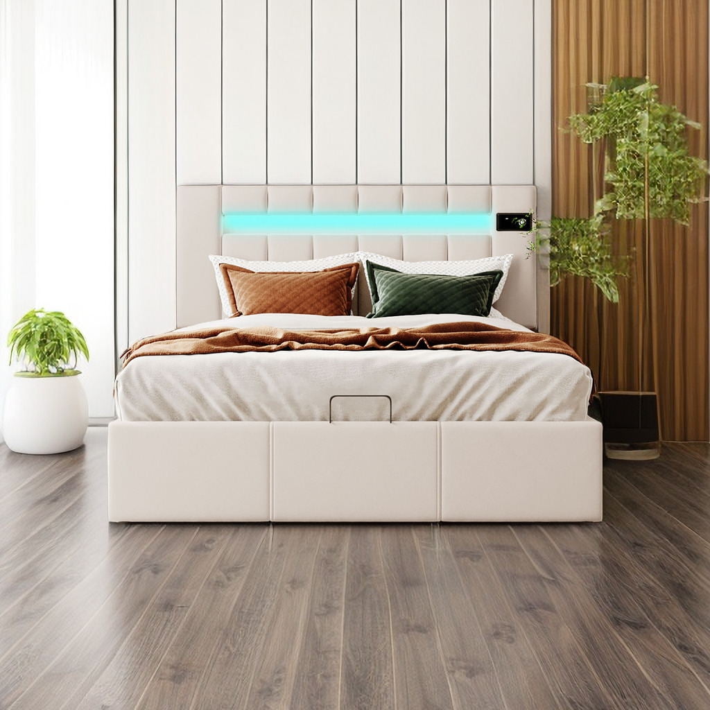 Full Size Upholstered Bed with LED Light and Bluetooth Player, USB ...