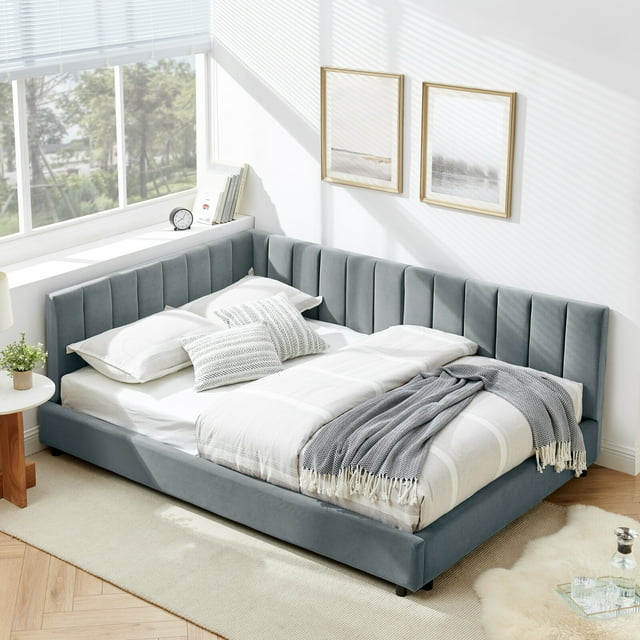 Full Size Upholstered Corner Daybed, Modern L-Shaped Corner Beds with ...