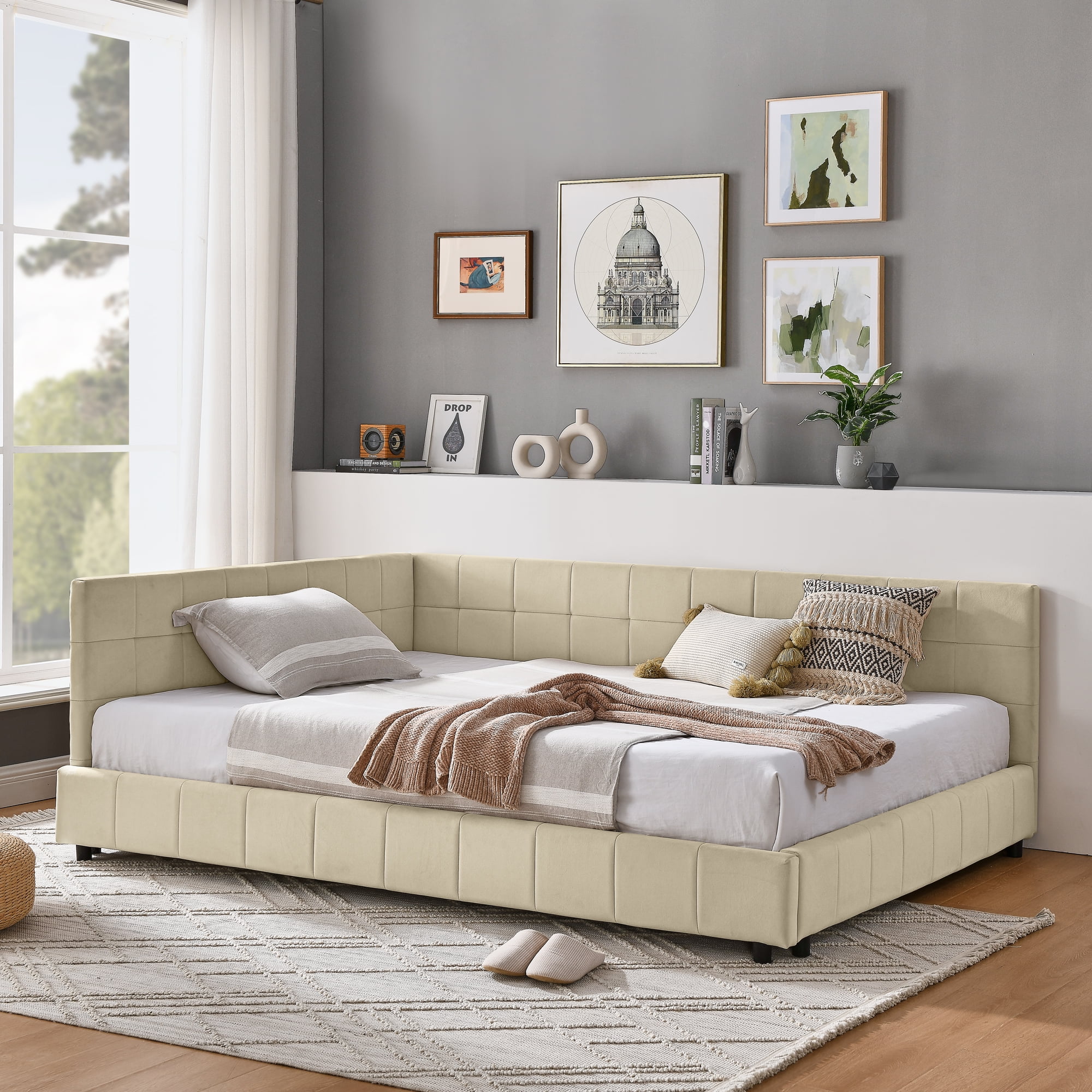 Full Size Upholstered Daybed Frame with Tufted Backrest, Modern Corner ...