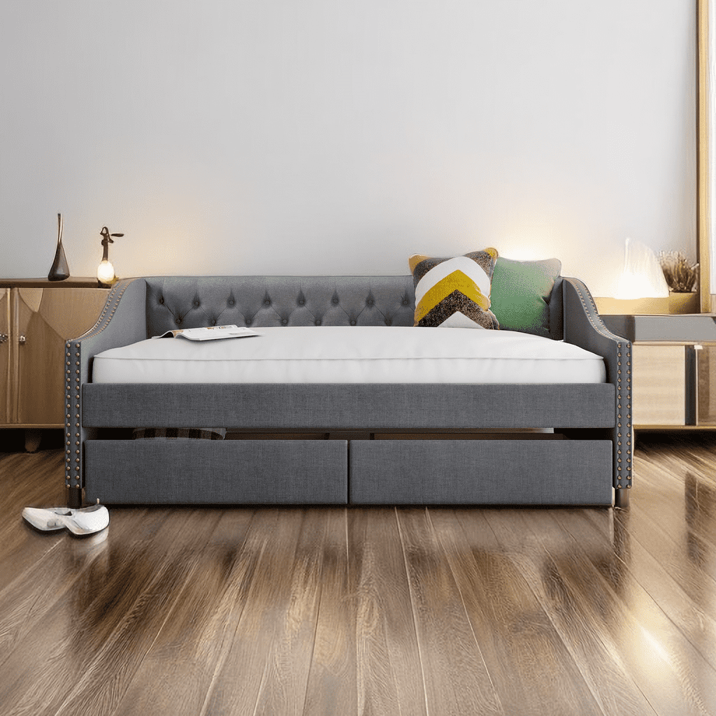 Full Size Upholstered Daybed with Two Drawers, Tufted Sofa Bed with ...