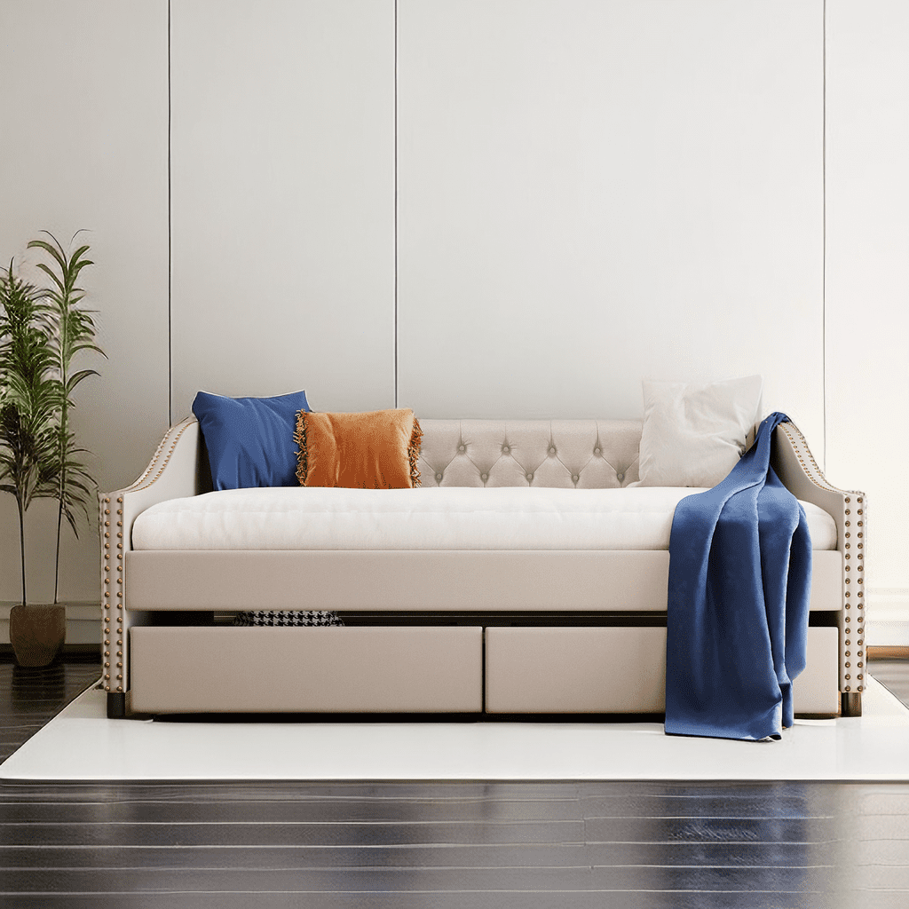 Full Size Upholstered Daybed with Two Drawers, Tufted Sofa Bed with ...