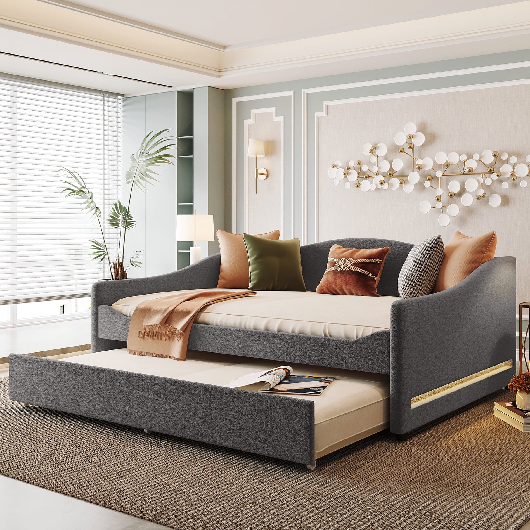 Full Size Upholstered Daybed With Gray Fleece And Efficient Trundle ...