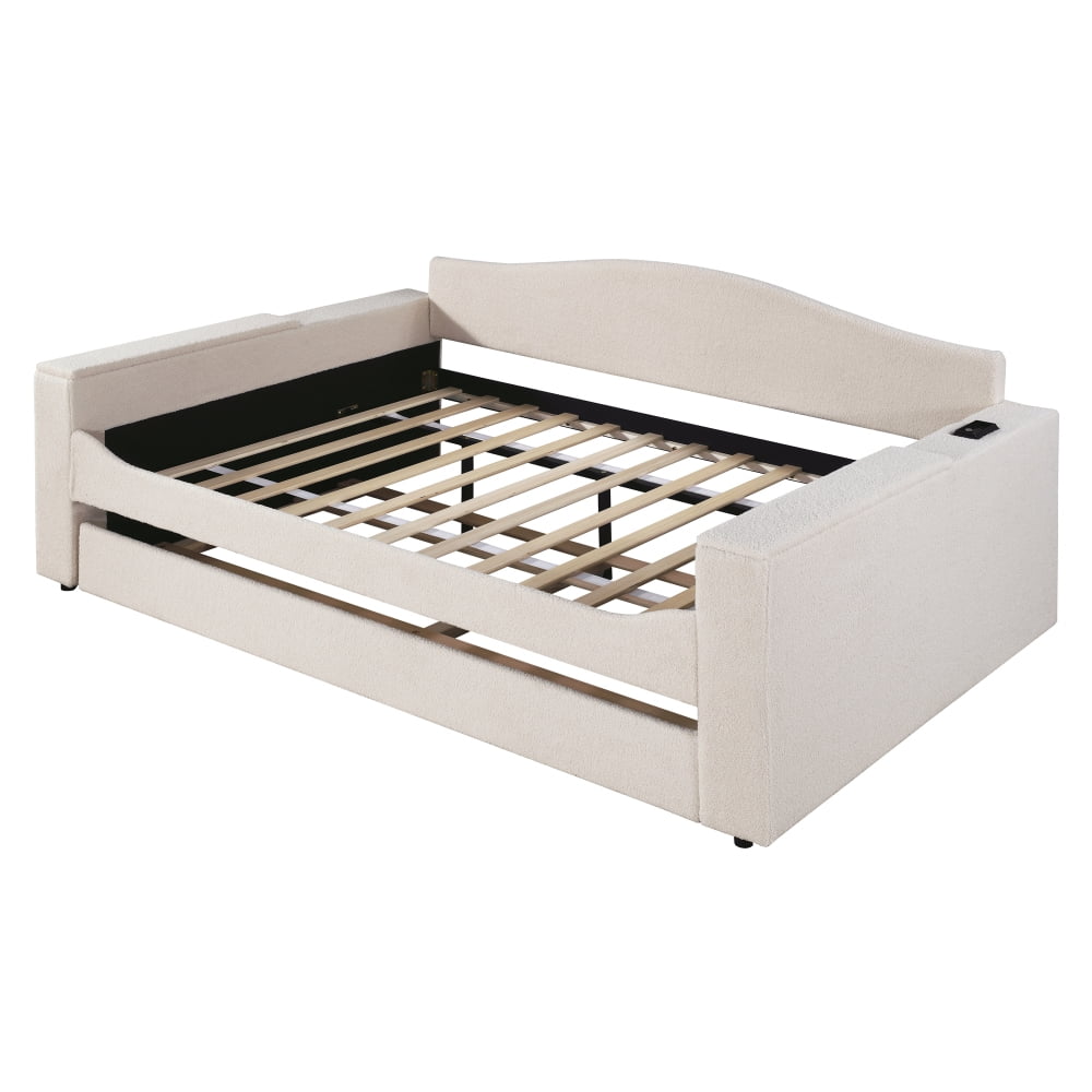 Full Size Upholstered Daybed with Storage Armrests, Trundle and ...