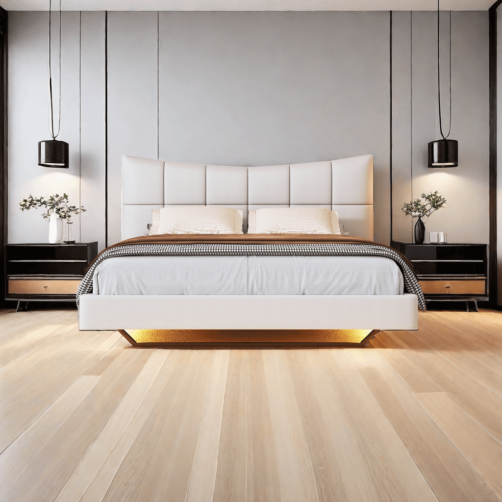 Full Size Upholstered Floating Bed with LED Lights, USB Charging Ports ...