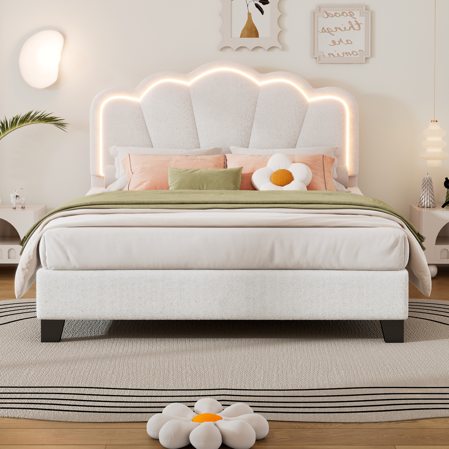 Full Size Upholstered Flower-Shape Bed Elegant Flowers Headboard with ...