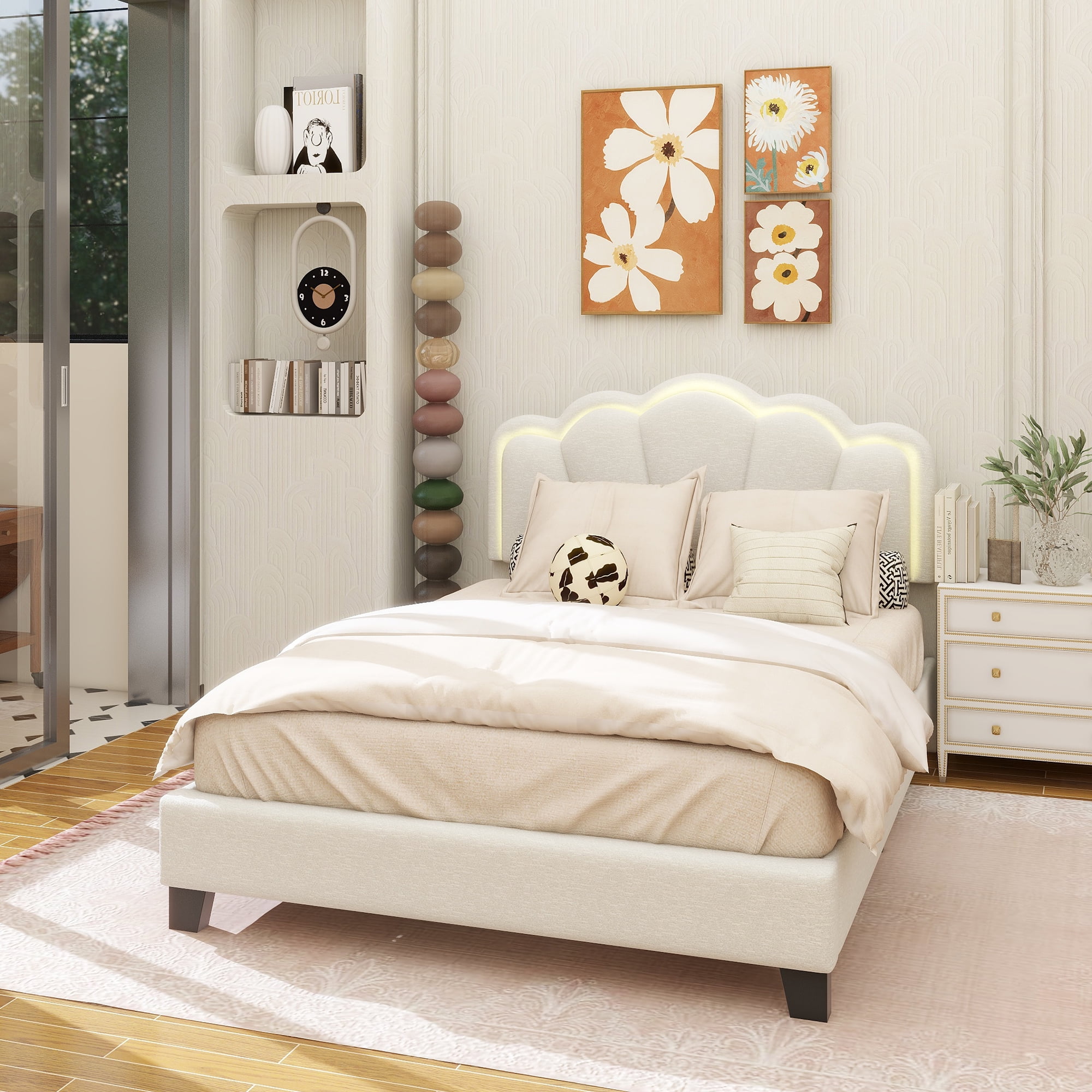Full Size Upholstered Flower-Shape Bed, Elegant Flowers Headboard with ...