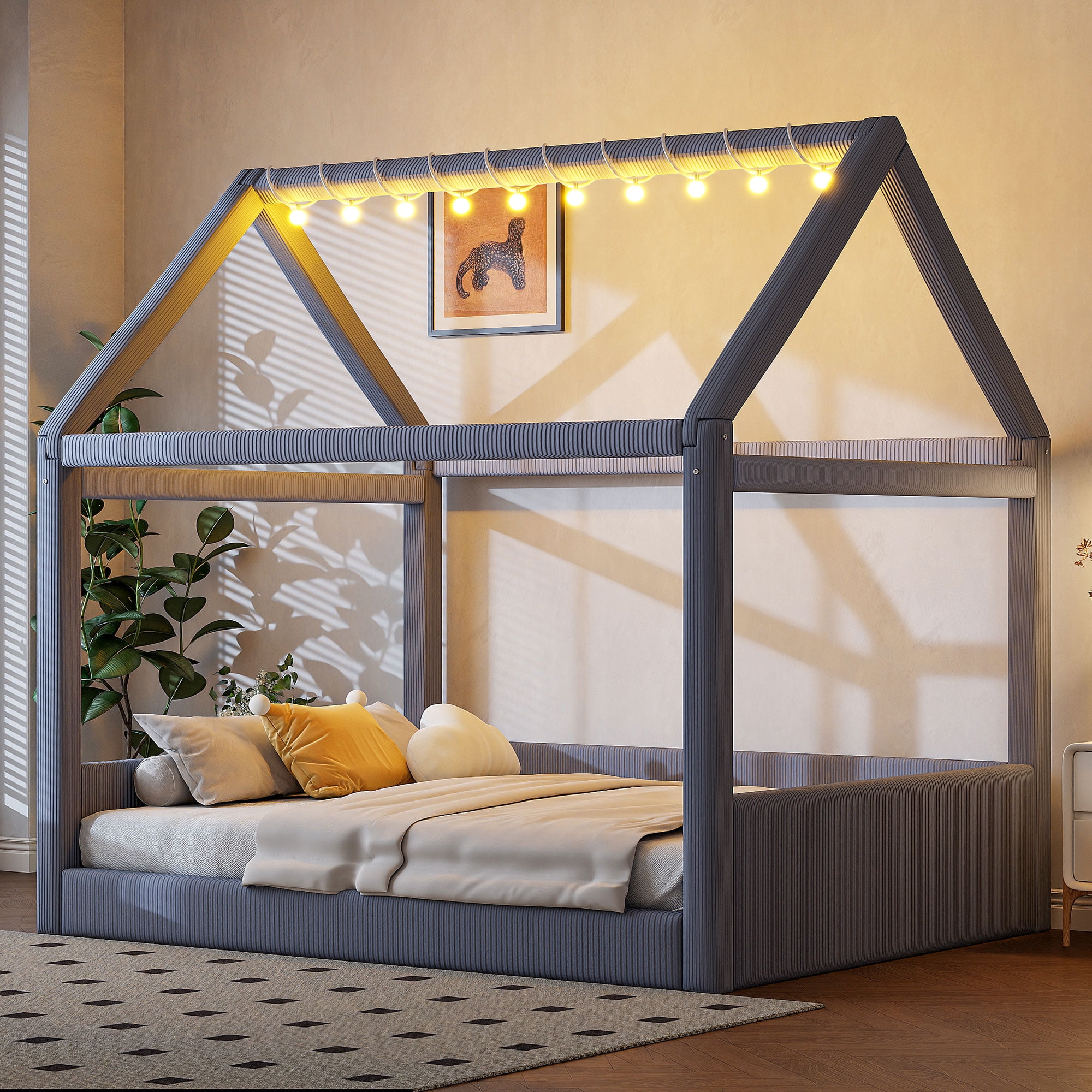 Full Size Upholstered House Daybed with LED Light Strips,Grey(ETA:7/20 ...