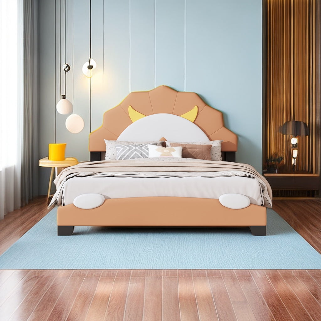 Full Size Upholstered Leather Platform Bed with Lion-Shaped Headboard ...