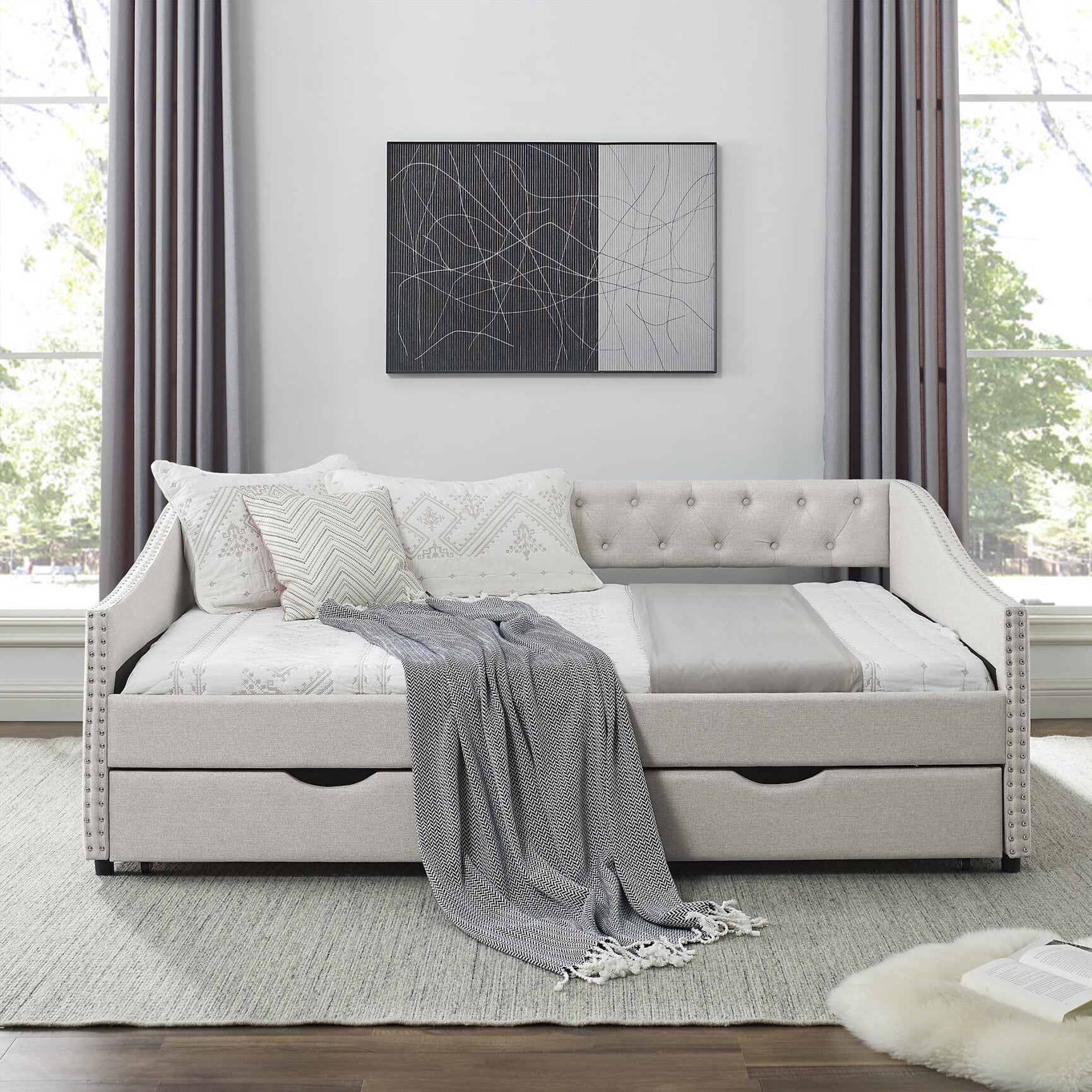Upholstered Full-Size Daybed with Storage, Tufted Sofa Bed for Living ...