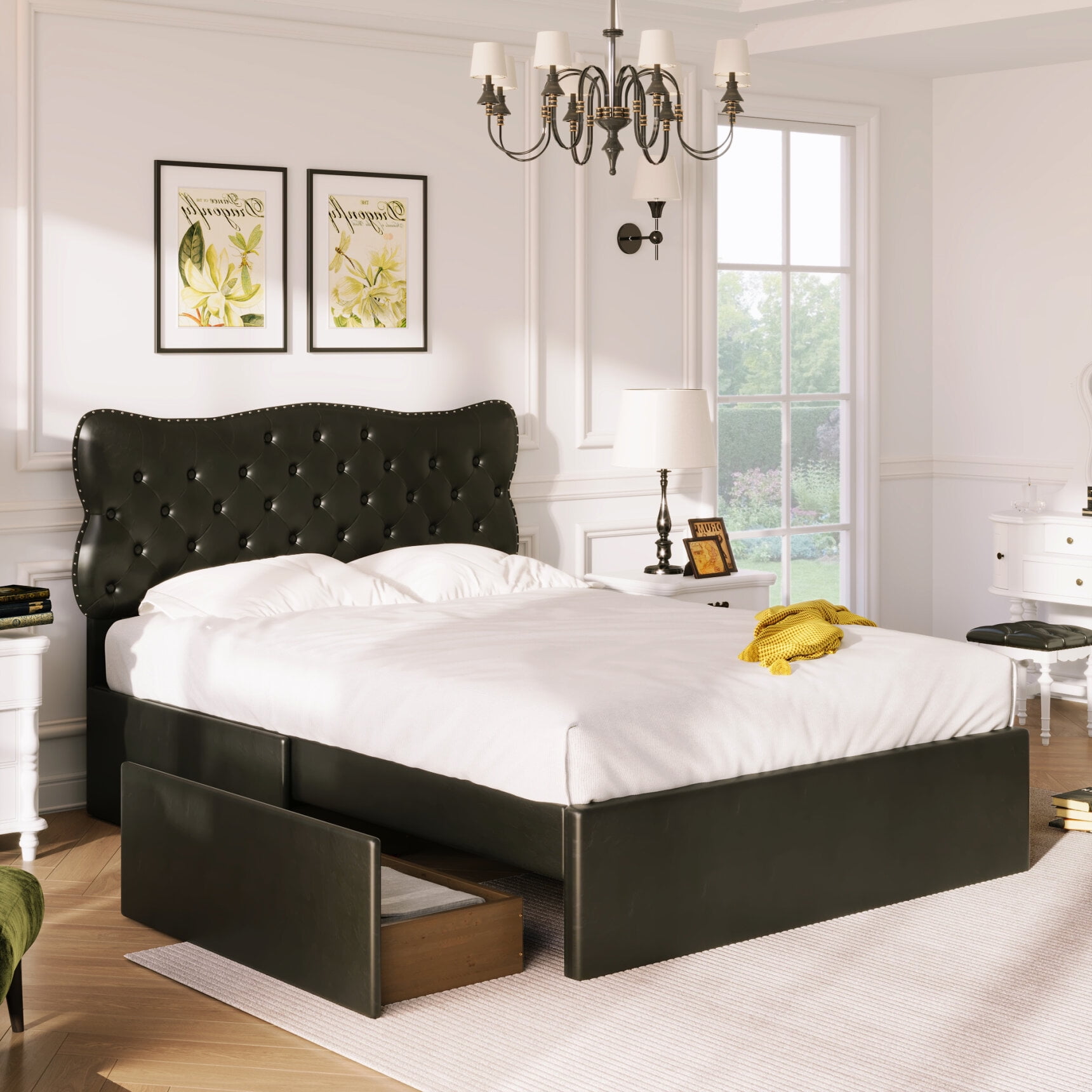 Full Size Upholstered Platform Bed with 4 Drawers, PU Leather Mattress ...