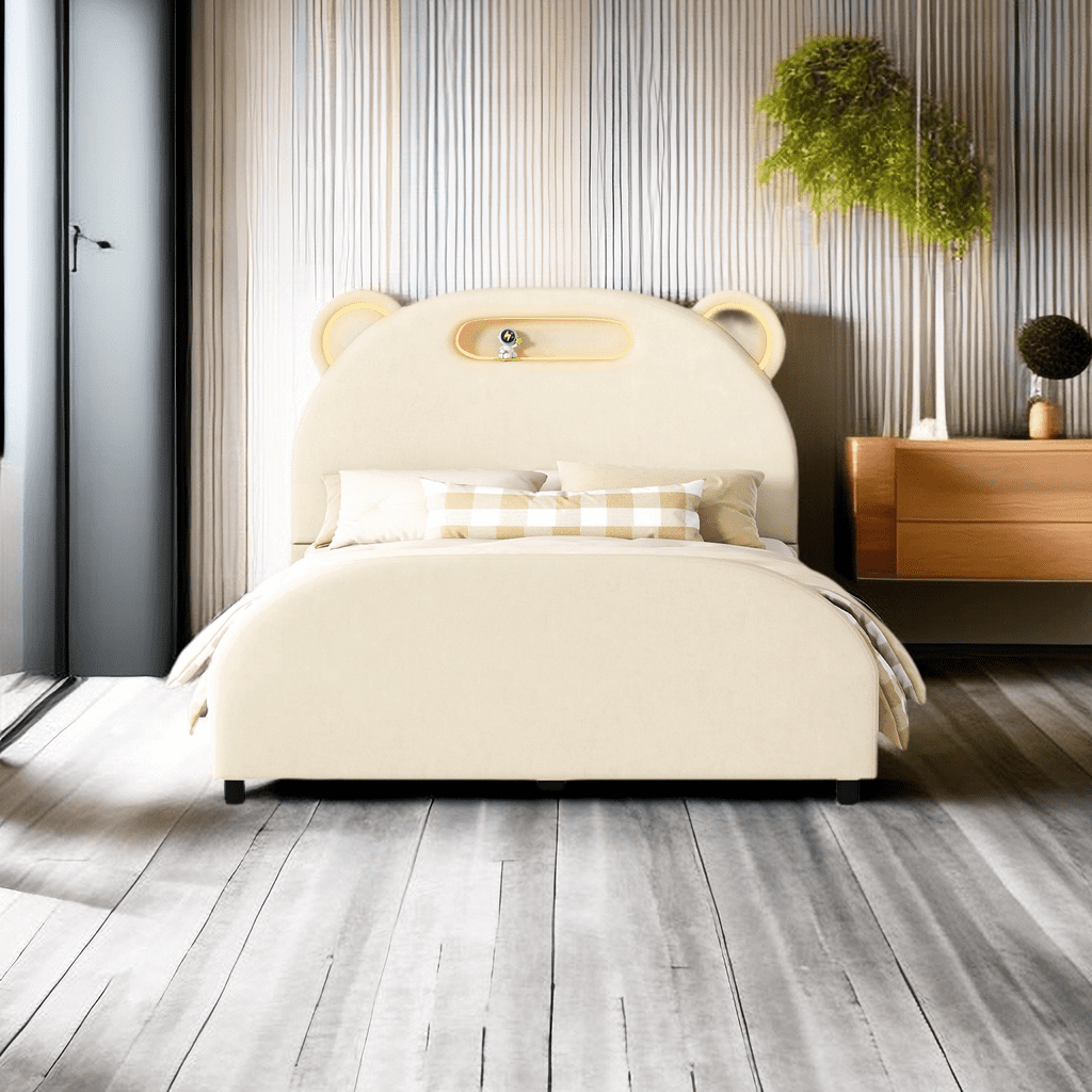 Full Size Upholstered Platform Bed with Bear-Shaped Headboard and ...